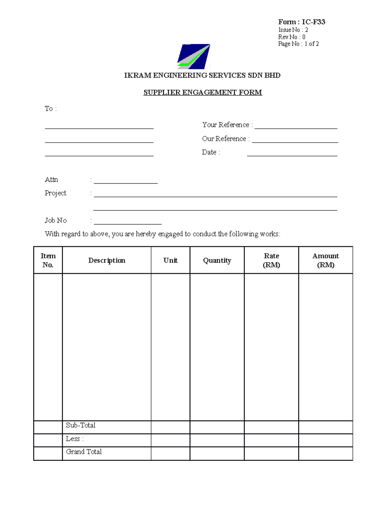 IC-F33 sub-cont engagement form - IKRAM ENGINEERING SERVICES SDN BHD ...