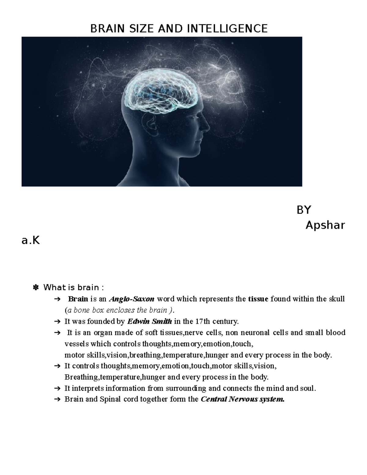 Brain SIZE AND Intelligence - BRAIN SIZE AND INTELLIGENCE BY Apshar a ...