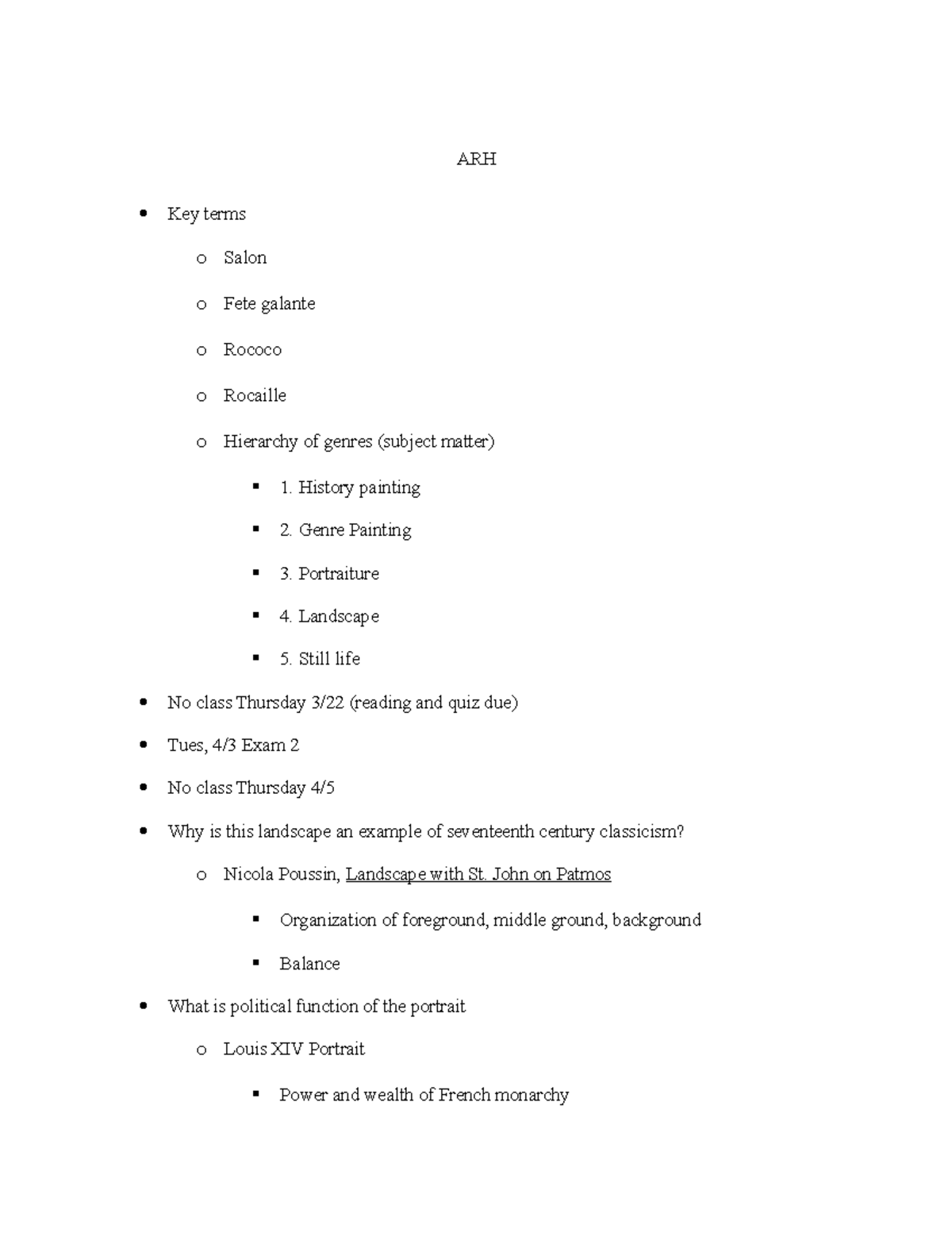 ARH 3-20-18 - ARH 391 notes - ARH Key terms o Salon o Fete galante o ...