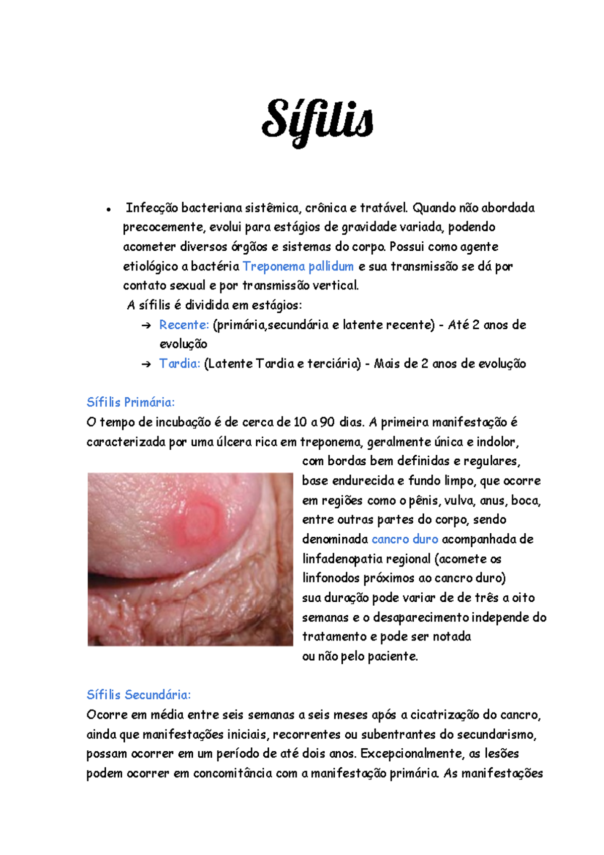 Sífilis - Rresumo a respeito da infecção sexualmente transmissivel: A ...