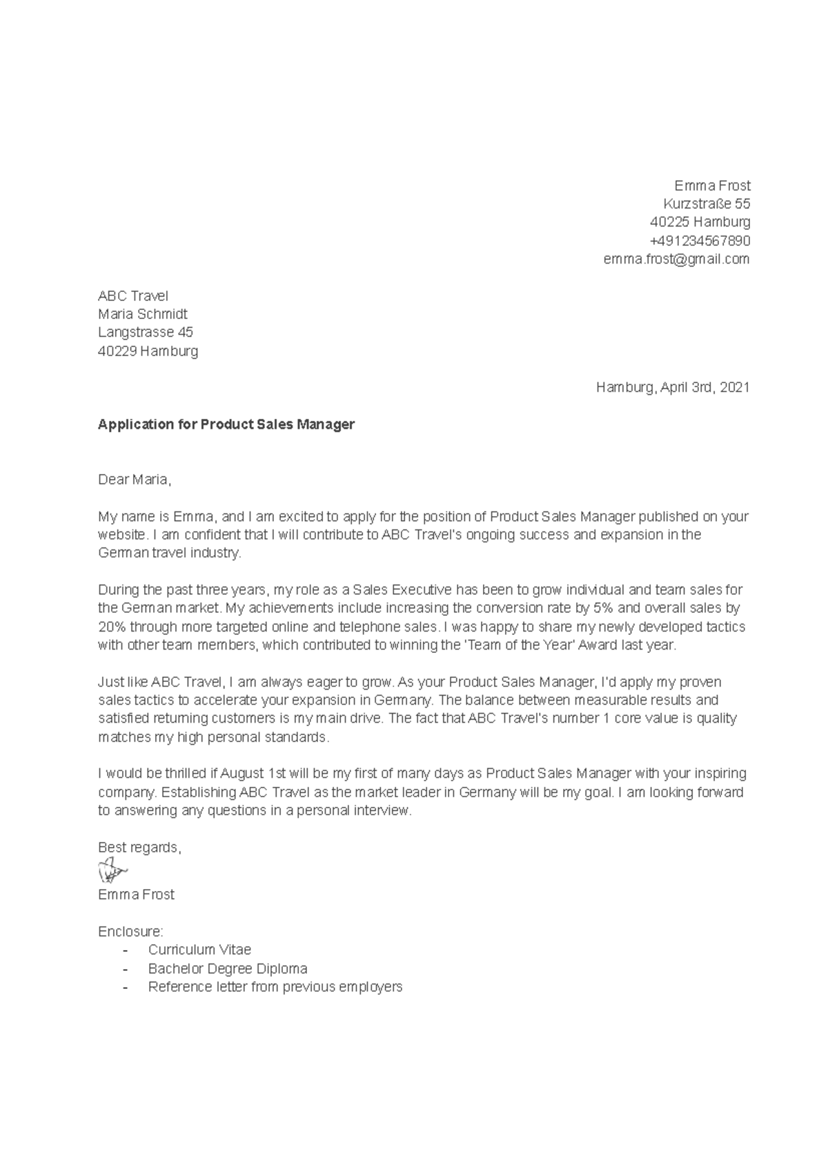 Copia de German Cover Letter [ Template] - Emma Frost Kurzstraße 55 ...