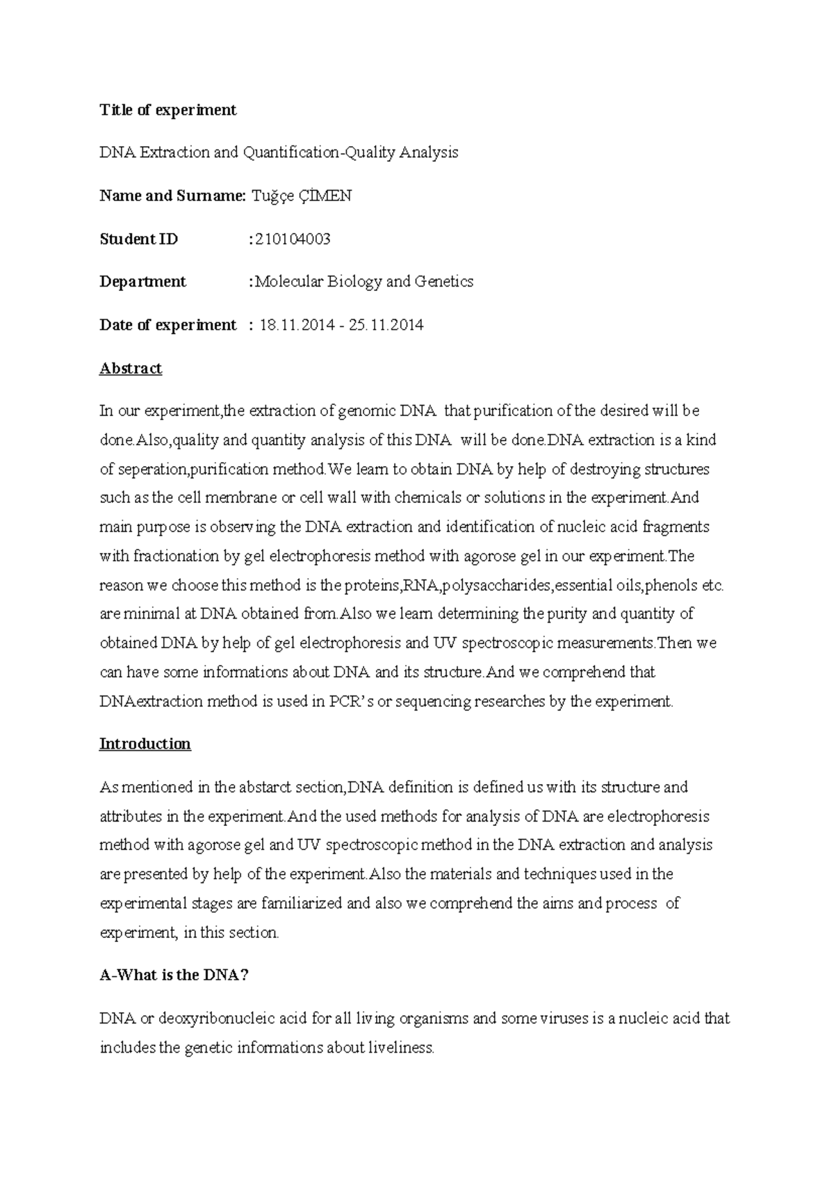 Dnaextractonreport - DNA extraction lab report - Title of experiment ...