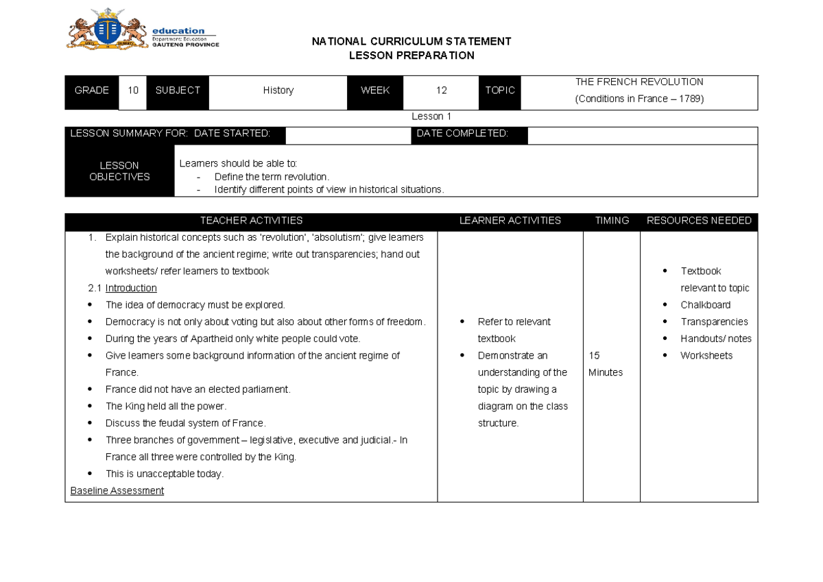 The french Revolution Grade 10 Lesson Plans - LESSON PREPARATION GRADE ...