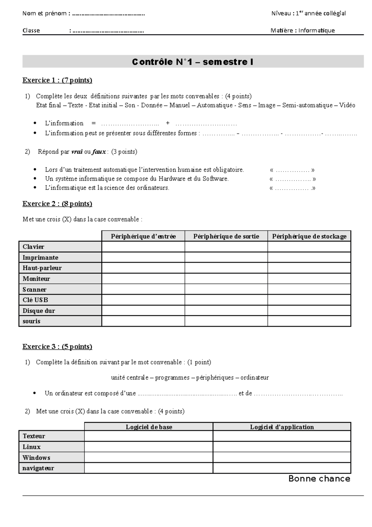 Contrôle N1-Semestre I - 1er Année - Nom et prénom