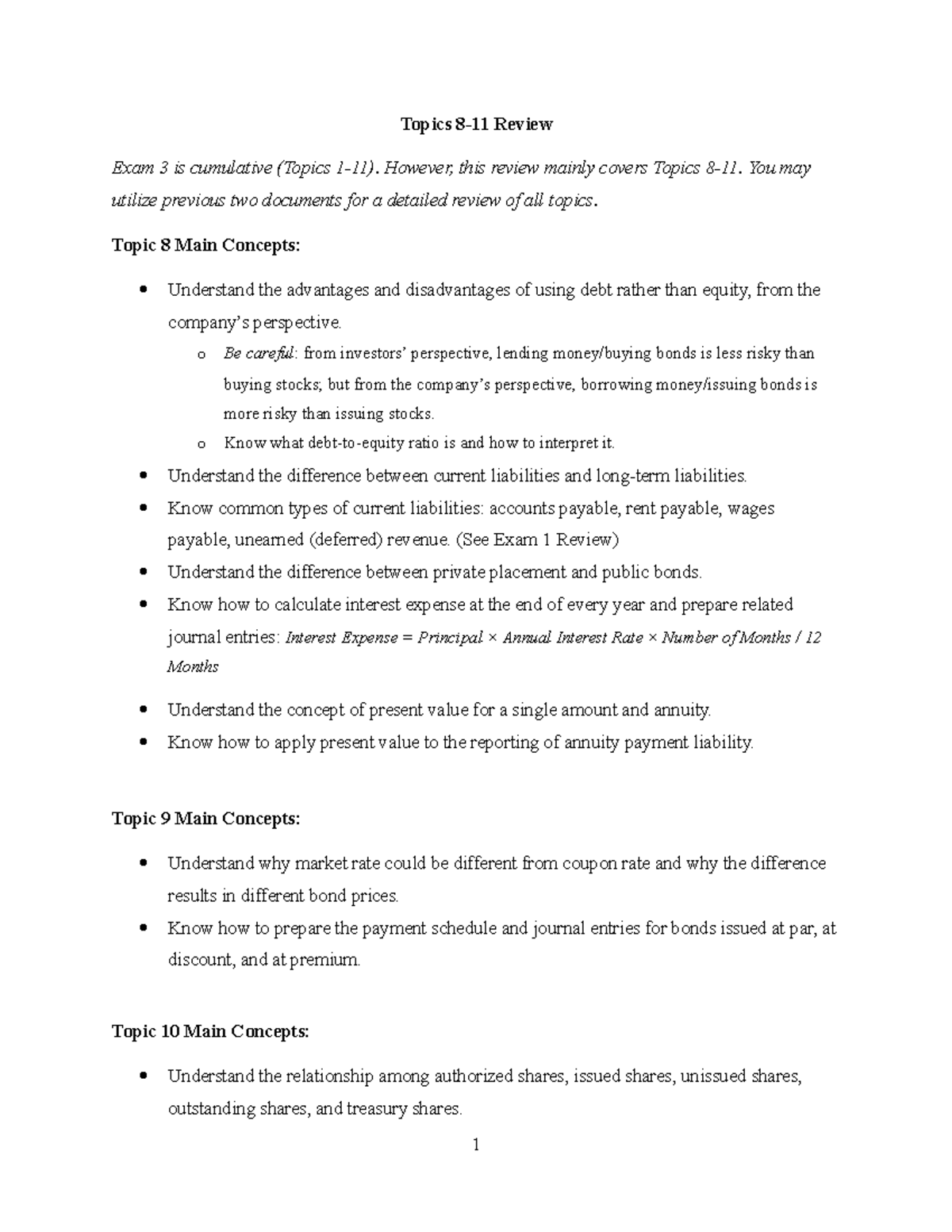 Topics 8-11 Review - Topics 8-11 Review Exam 3 is cumulative (Topics 1 ...