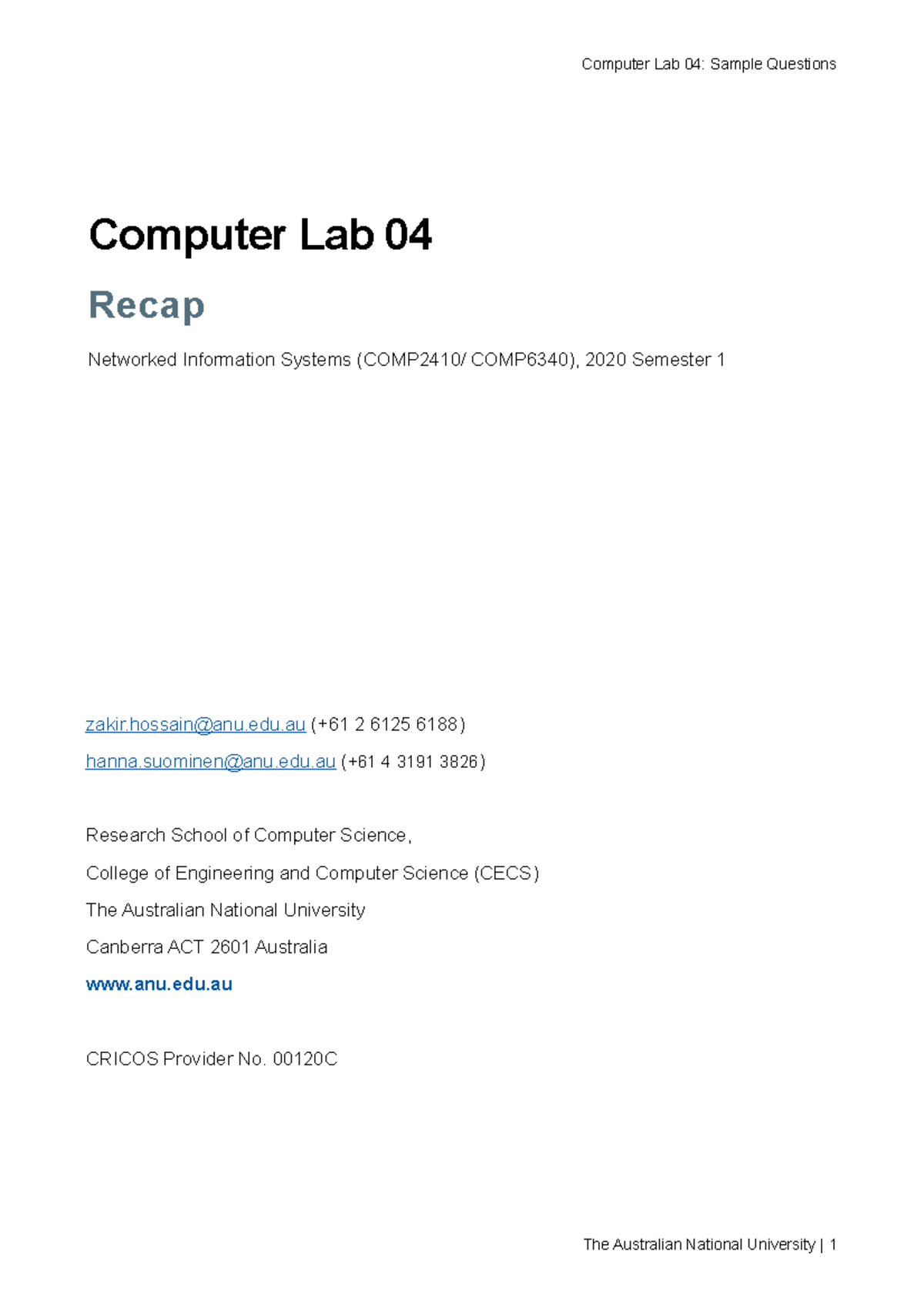 Computer Lab 4 (Week 7) - Computer Lab 04: Sample Questions Computer ...
