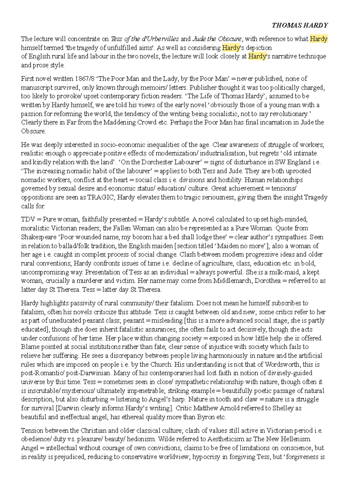 Hardy Tess and Jude Lecture - THOMAS HARDY The lecture will concentrate ...