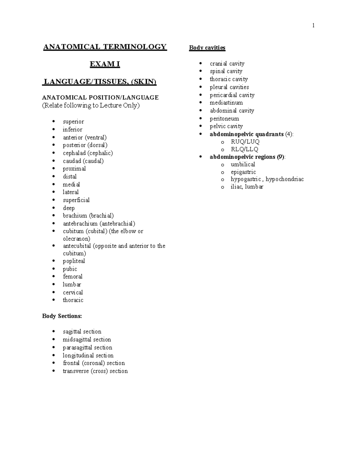 LAB I Terms Language Tissues SKIN 2401 20 - 1 ANATOMICAL TERMINOLOGY ...