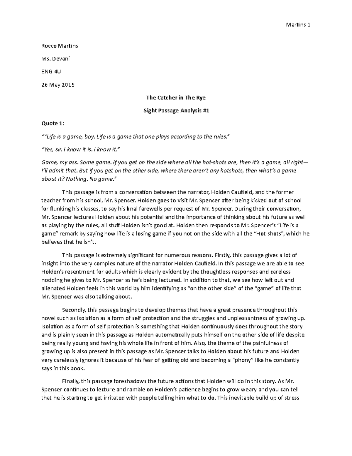 A catcher in the rye sight passage analysis - Martins 1 Rocco Martins ...