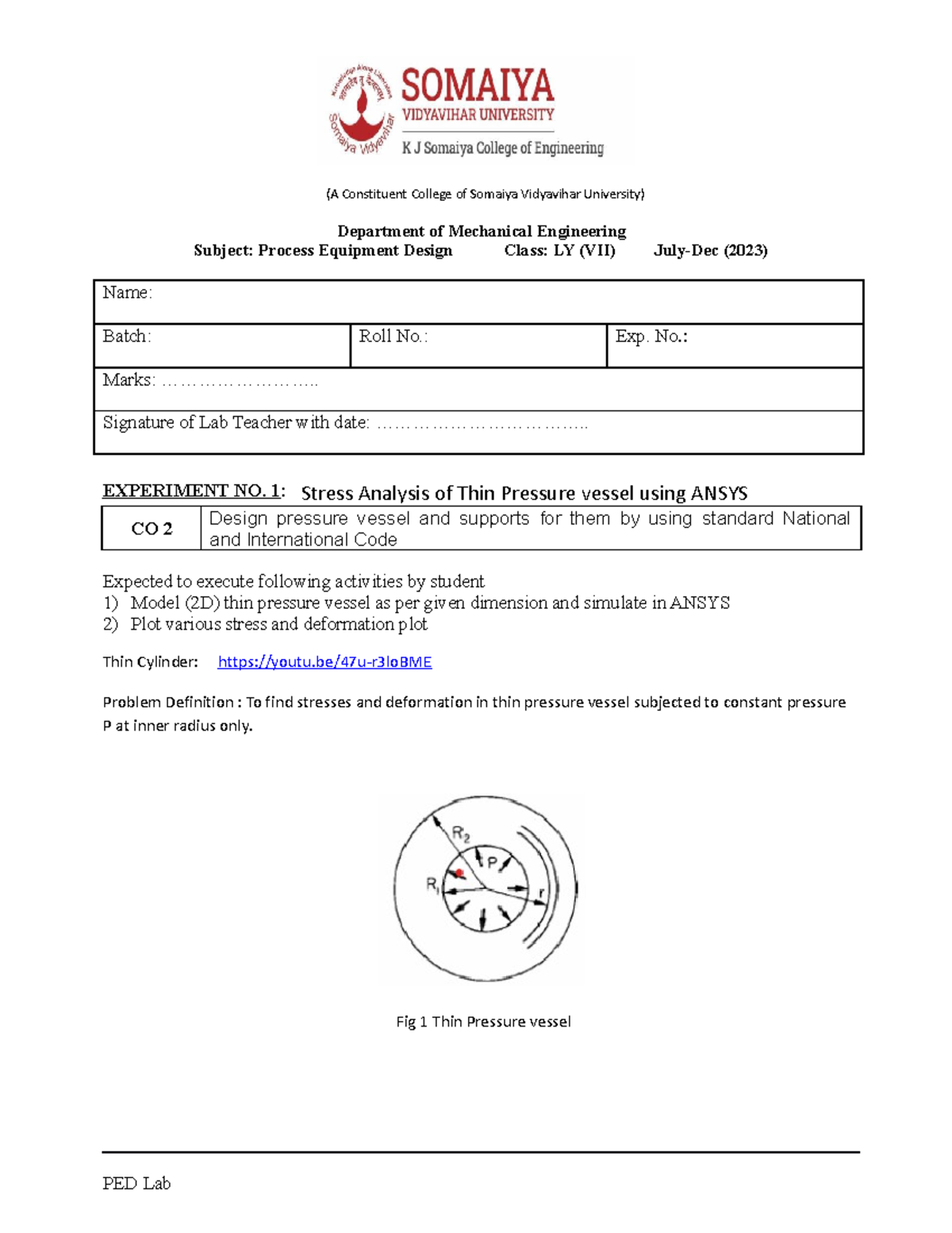 Expt 1 Stress Analysis of Thin pressure vessel using Ansys - Department ...