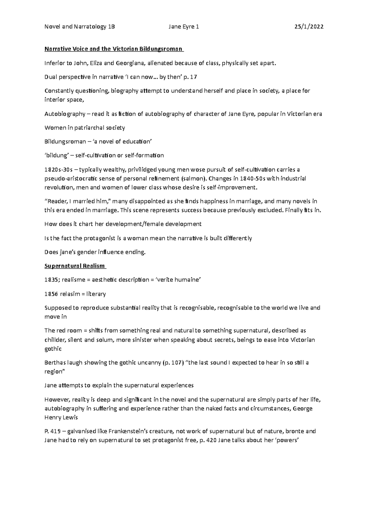 Jane Eyre notes 1 - Novel and Narratology 1B Jane Eyre 1 25/1 ...