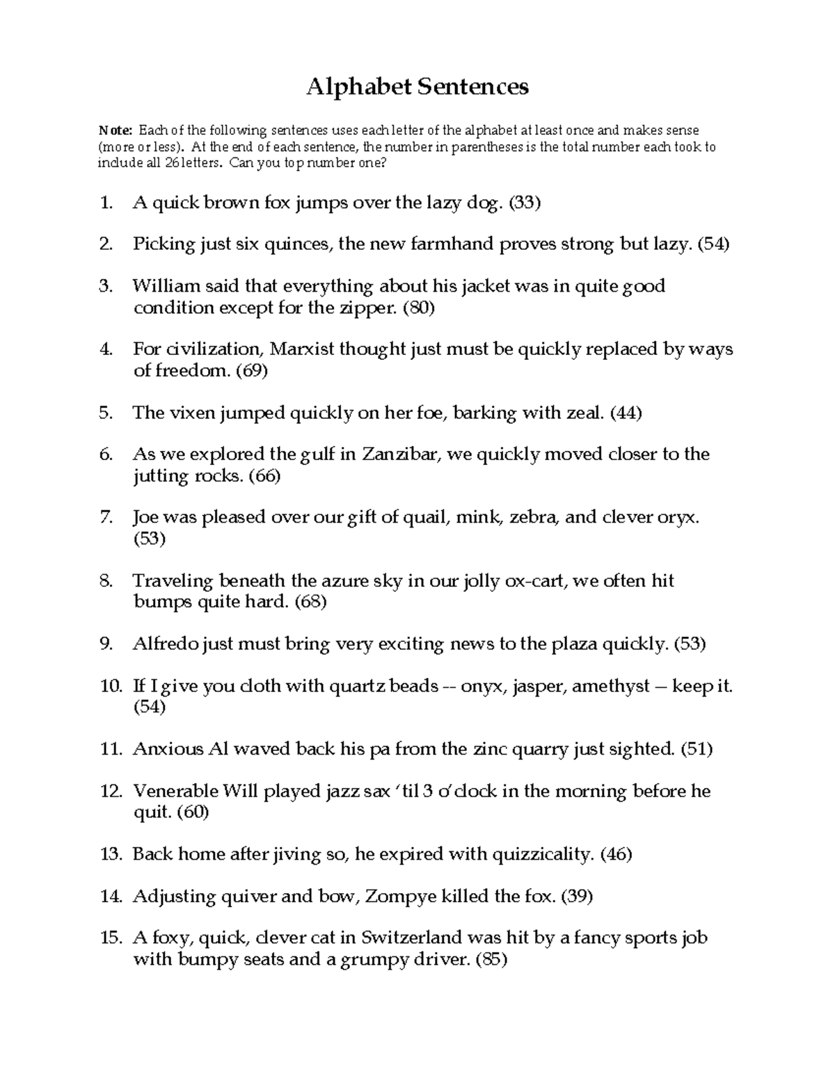 Alphabet Sentences - Alphabet Sentences Note: Each of the following ...