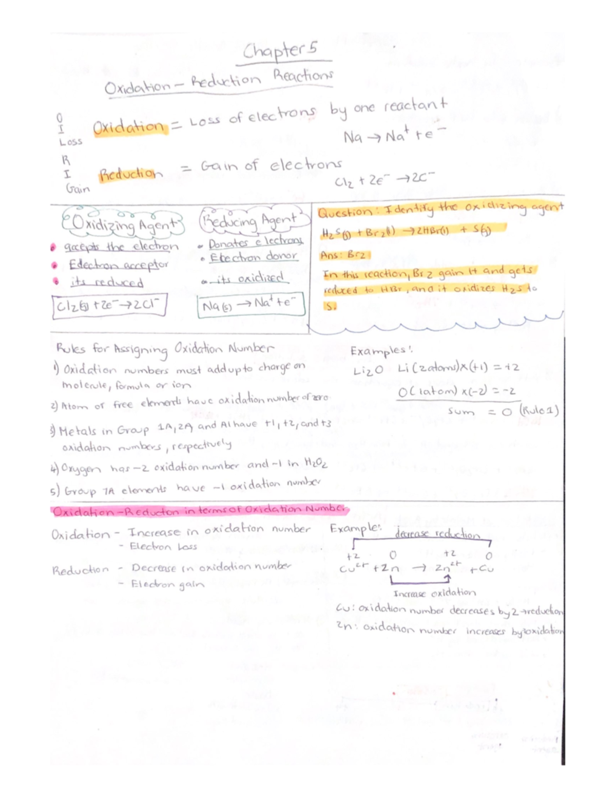 Chapter 5 - Chapter 5 Oxidation Reduction Reactions 0 Loss of electrons ...