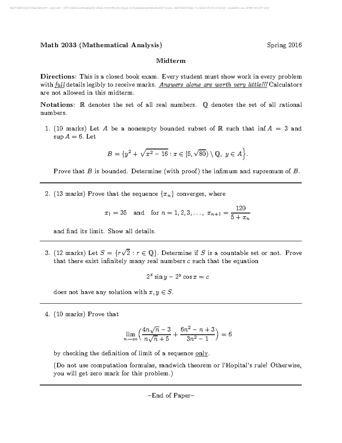 (MATH2033)[2016 ](s)midterm~=jegkemu^ 47814 - Math 2033 (Mathematical Analysis) Spring 2016 ...