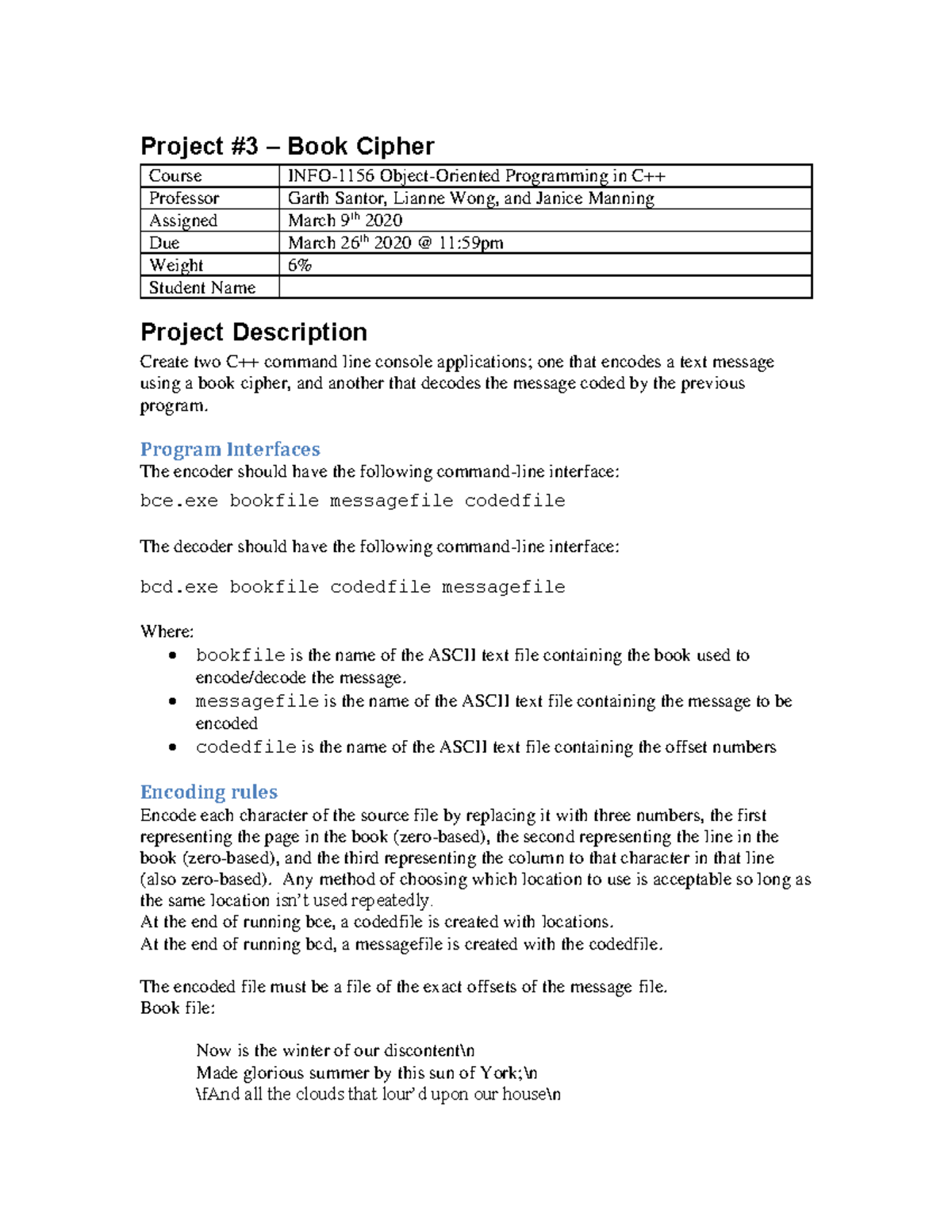 INFO-1156 Project 3.2020.03 v1 - Project #3 – Book Cipher Course INFO ...