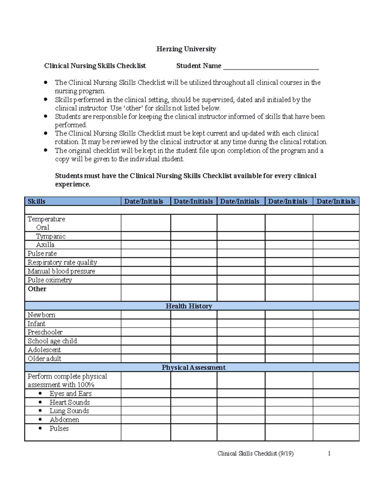 Clinical Skills Checklist (2-2021)-1 - Herzing University Clinical ...