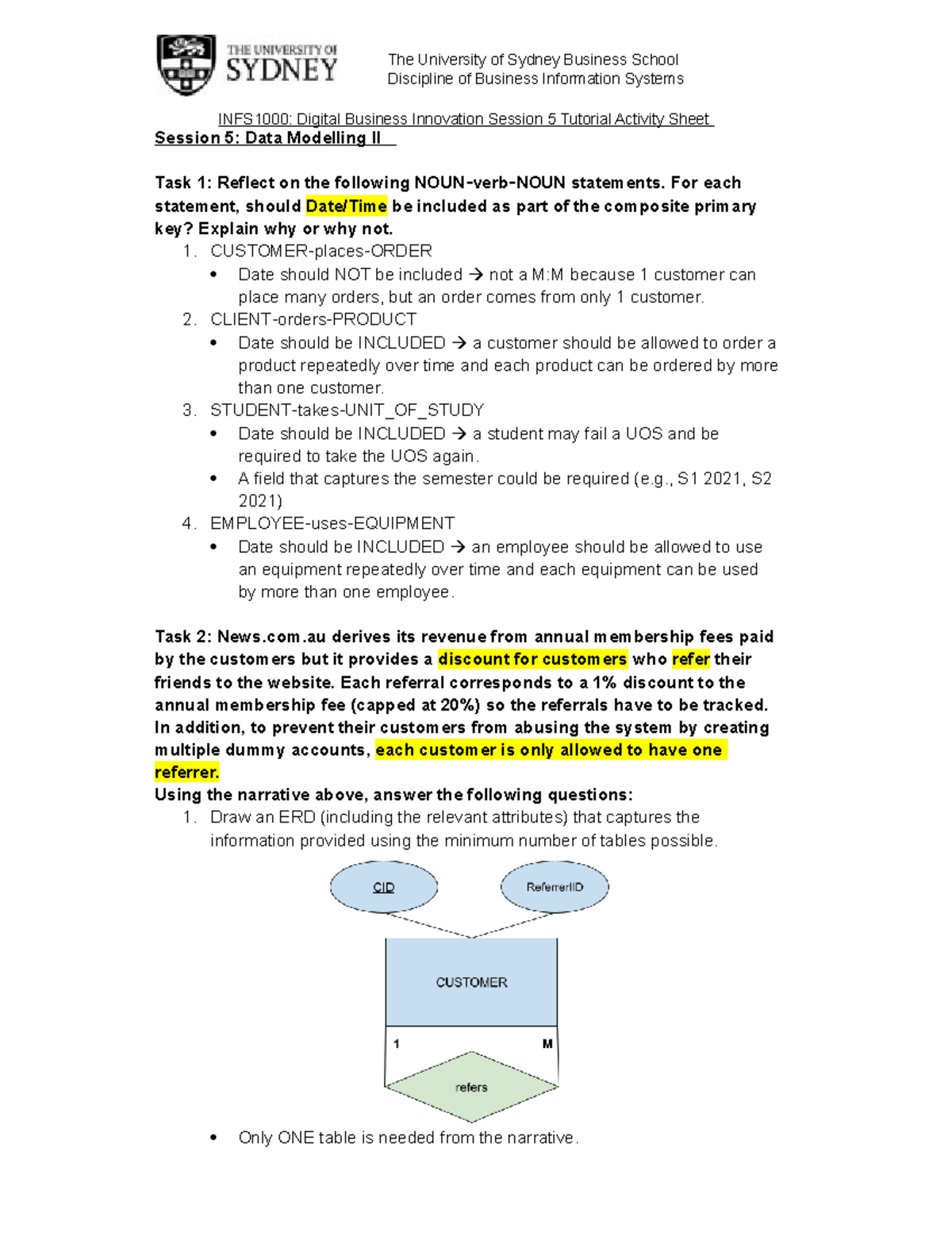 Week 5 Tutorial - Data Modelling II - The University of Sydney Business ...