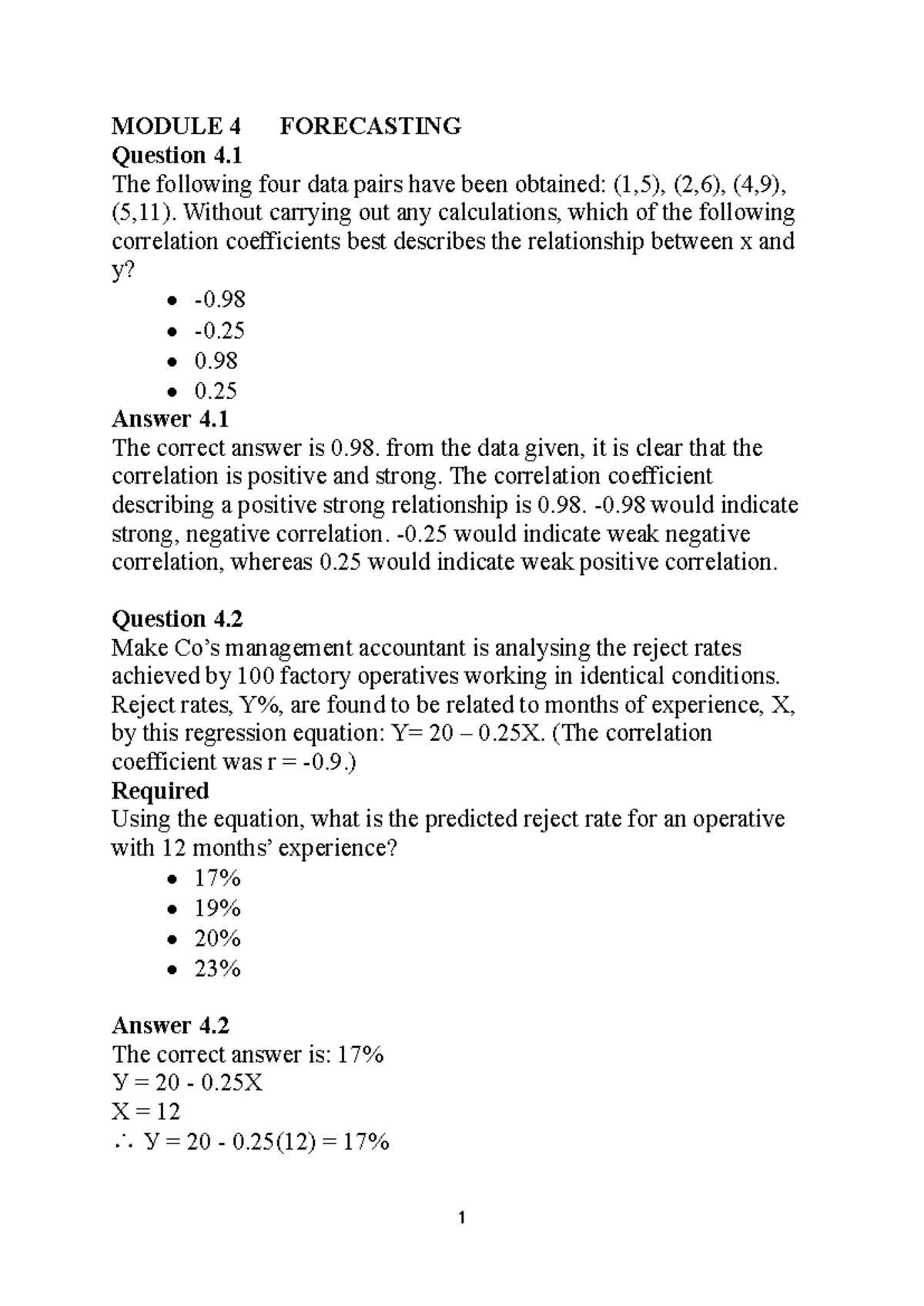 Questions and Answers - Module 4 to Module 6 - MODULE 4 FORECASTING ...