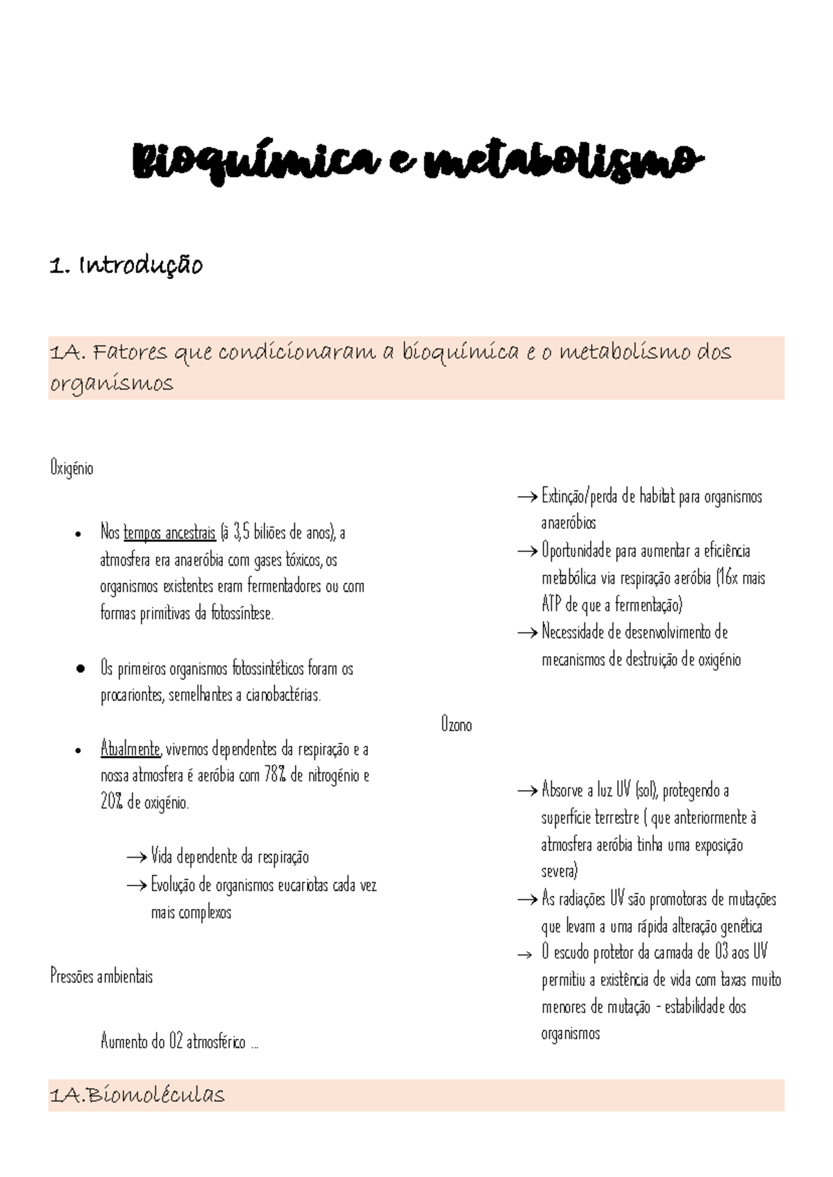 Resumo - aula 2 e 3 - Bioquímica e metabolismo 1. Introdução 1A ...