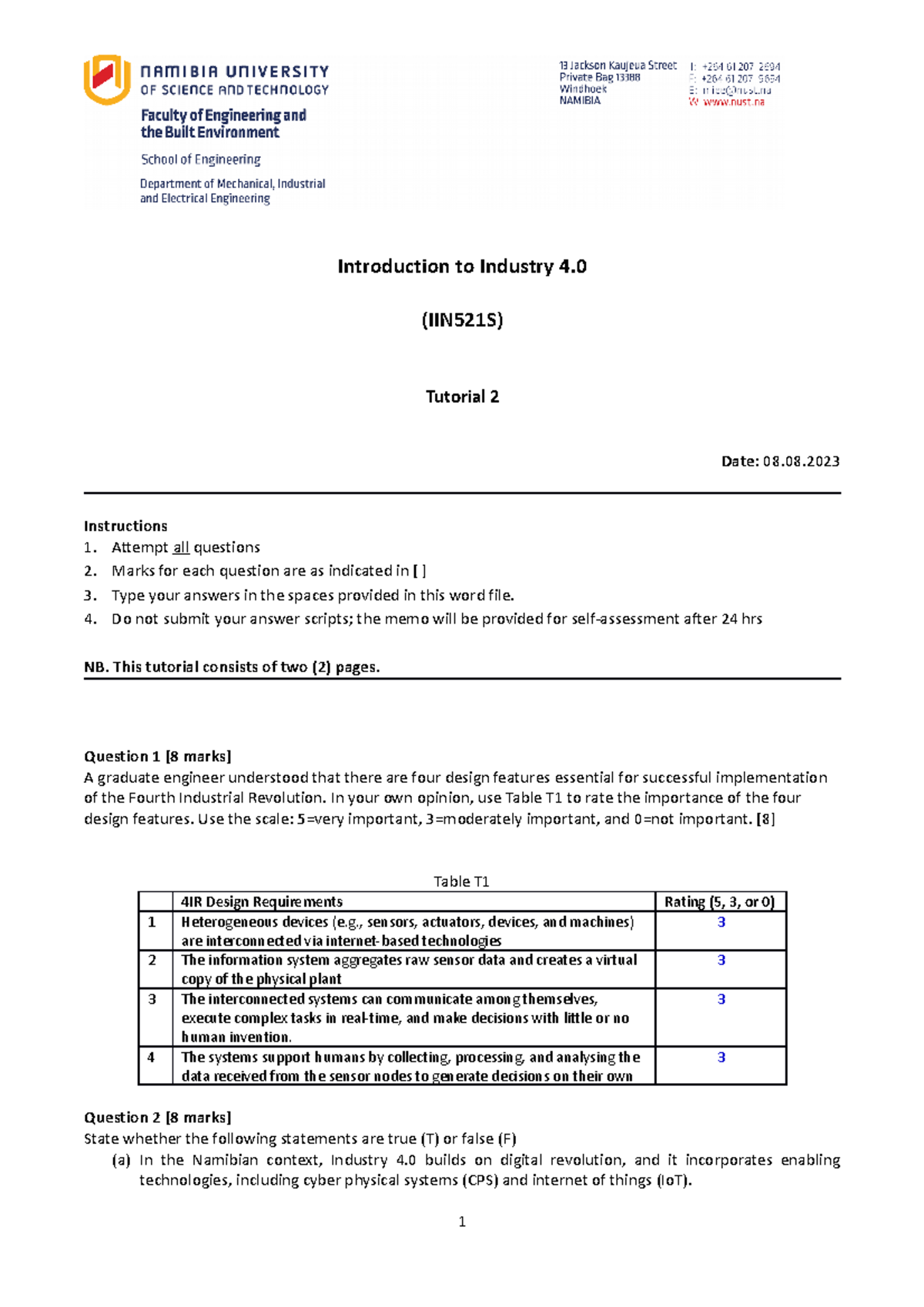Tutorial 2 - Introduction to Industry 4. (IIN521S) Tutorial 2 Date: 08 ...