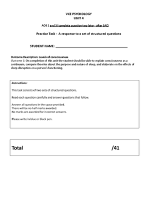 Unit 3 and 4 VCE Psychology Practice Exam - PSYCHOLOGY Written ...