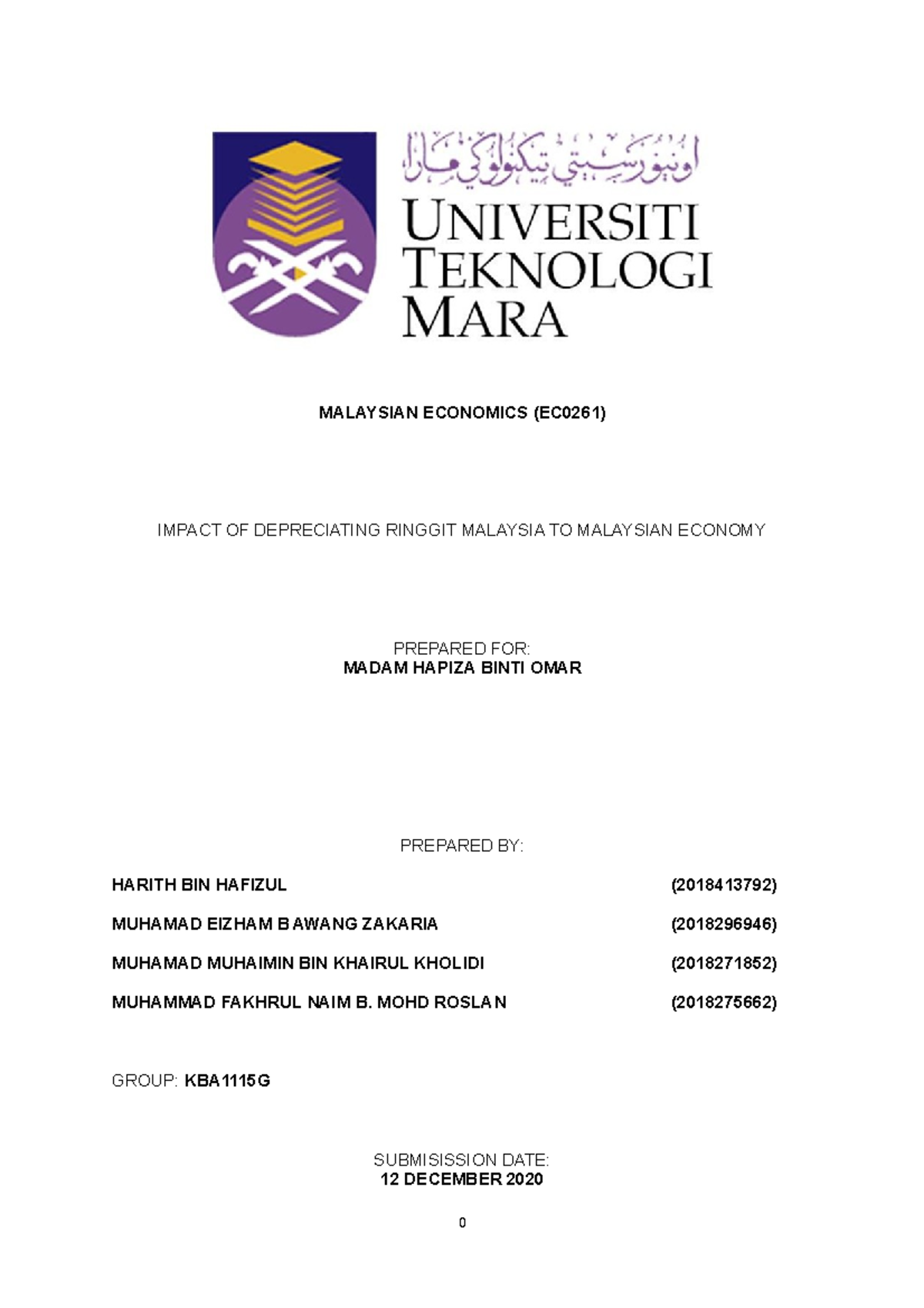 ECO261 Group Report - MALAYSIAN ECONOMICS (EC0261) IMPACT OF ...