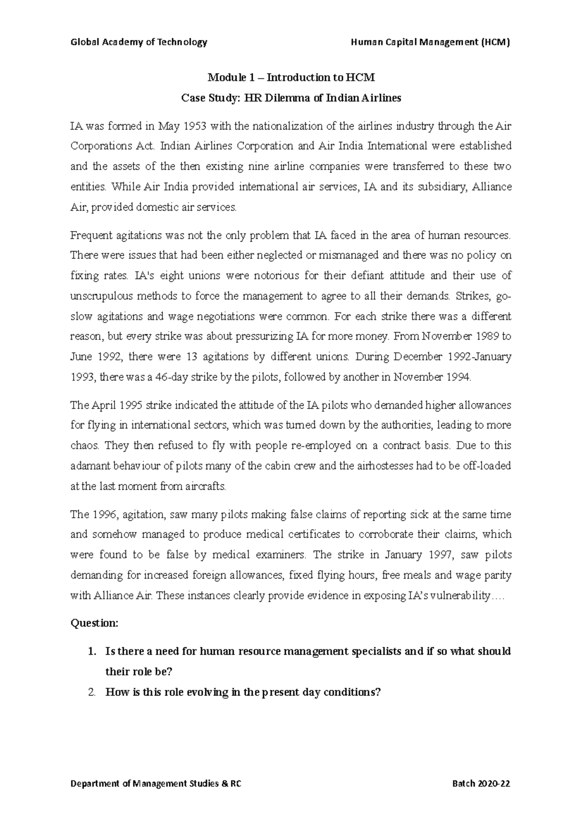 Human Capital Management case study - Module 1 – Introduction to HCM ...