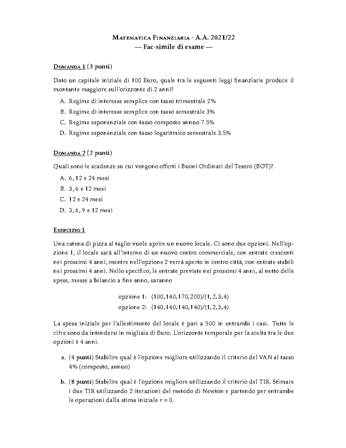 Fac simile MF - Matematica Finanziaria - A. 2021/ — Fac-simile di esame ...