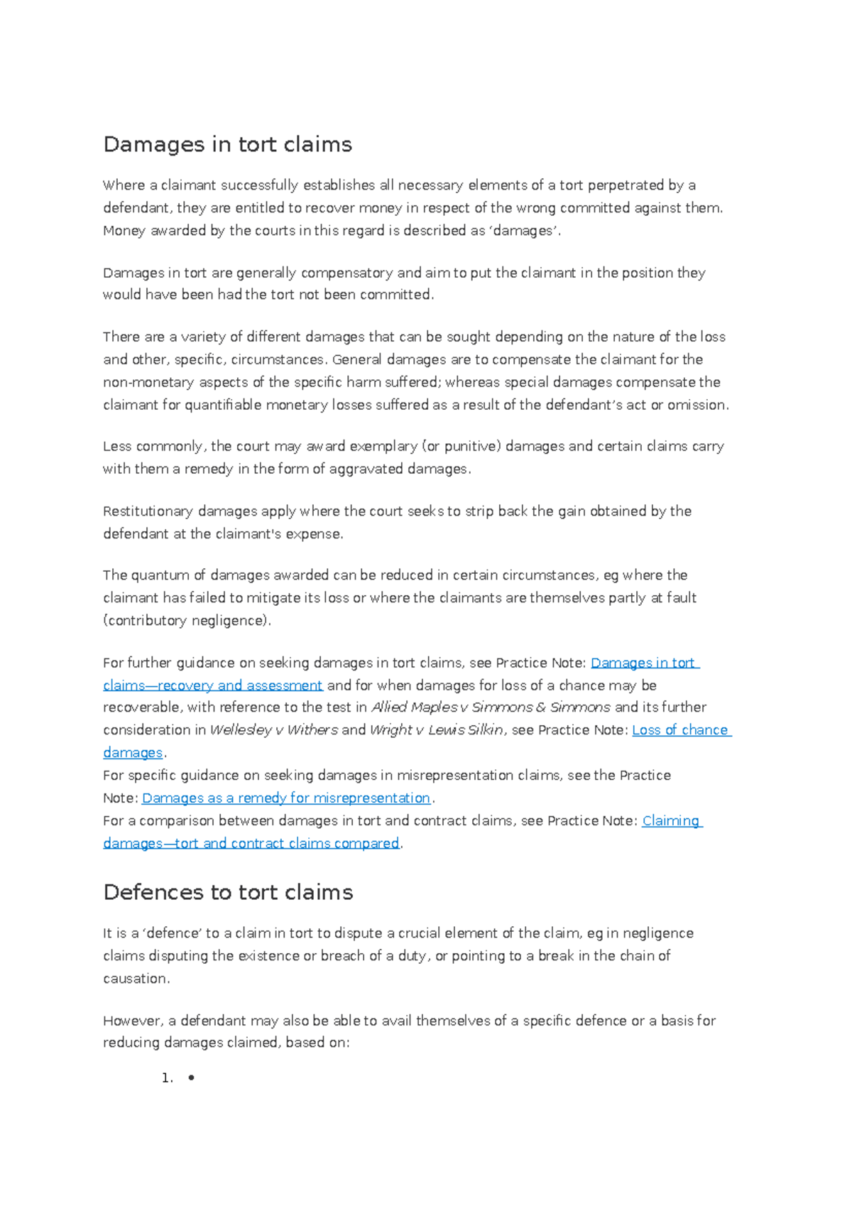 Damages in tort claims - Damages in tort claims Where a claimant ...