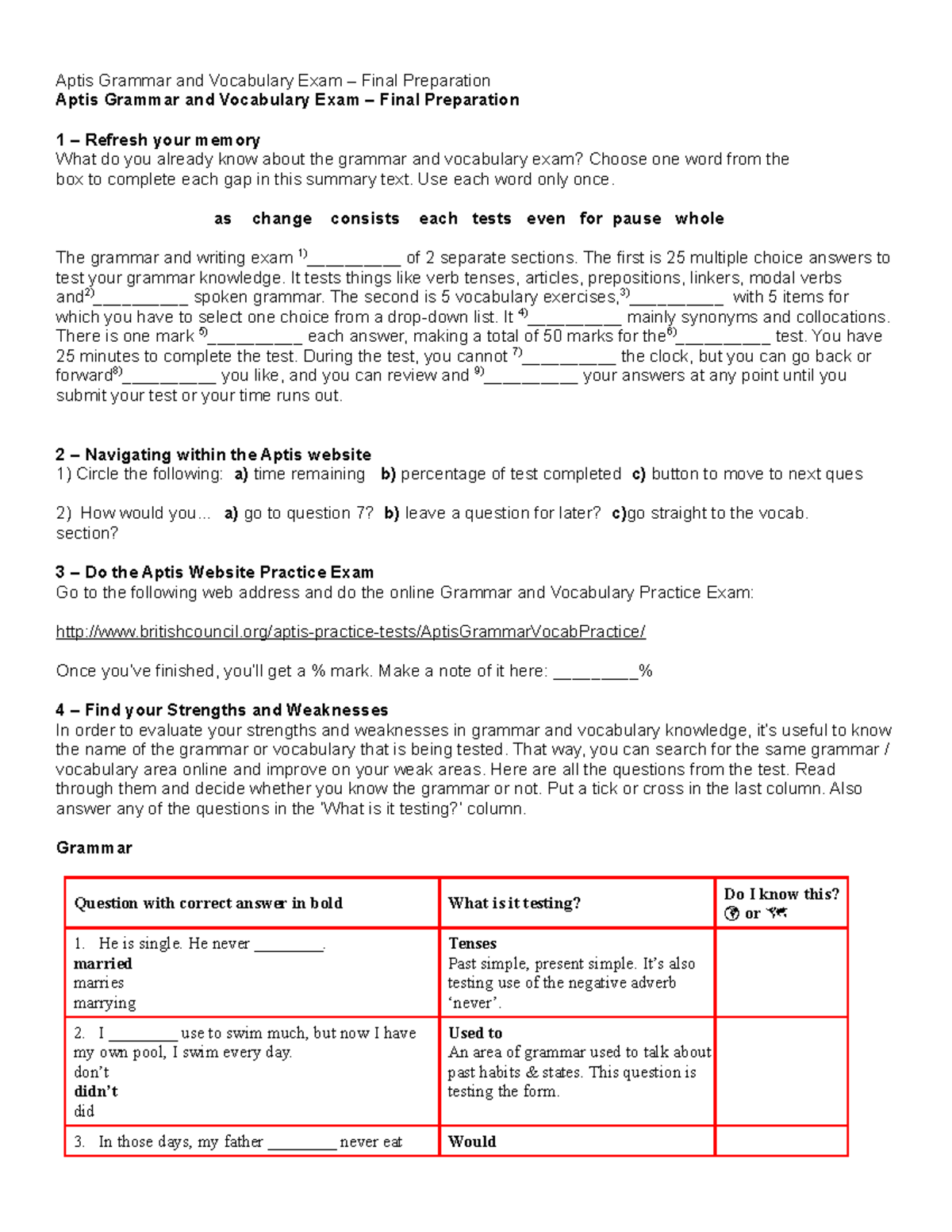 298239055-Aptis-Grammar - Aptis Grammar and Vocabulary Exam – Final Preparation Aptis Grammar ...