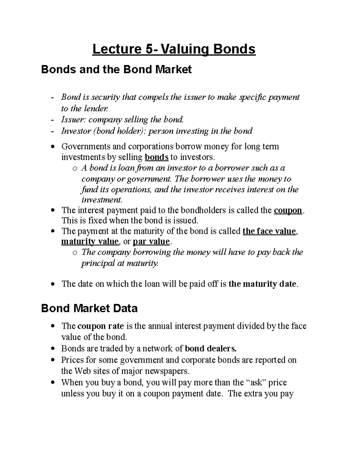 Lecture 5 - Professor Isaac Otchere - Lecture 5- Valuing Bonds Bonds ...