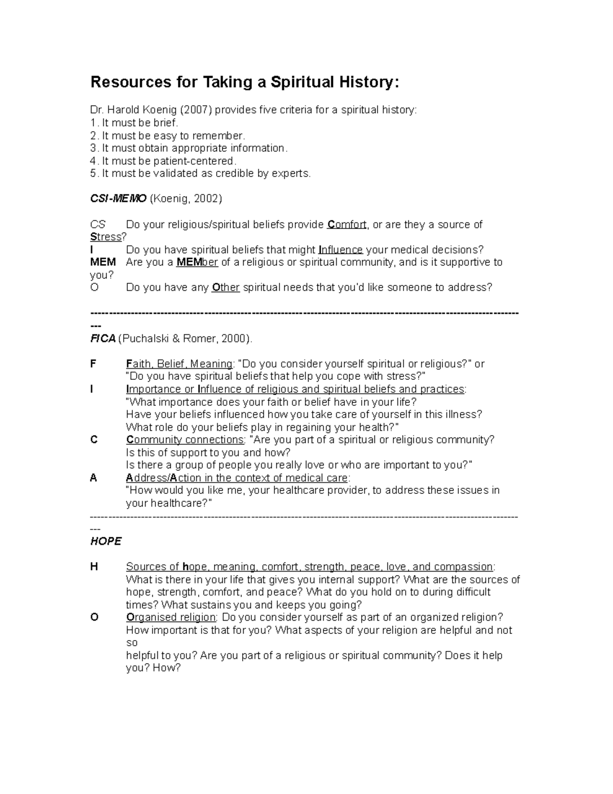Spiritual History Resources - Resources for Taking a Spiritual History ...