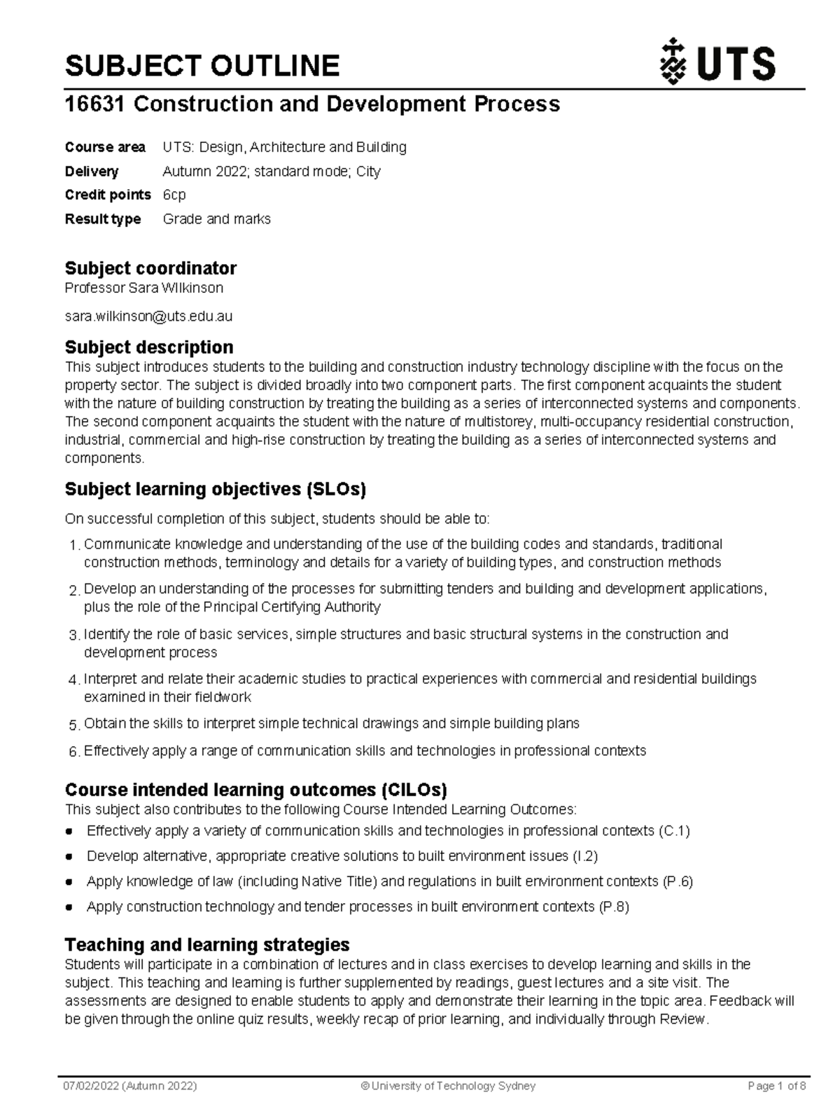 Construction and Development Process Outline - SUBJECT OUTLINE 16631 ...