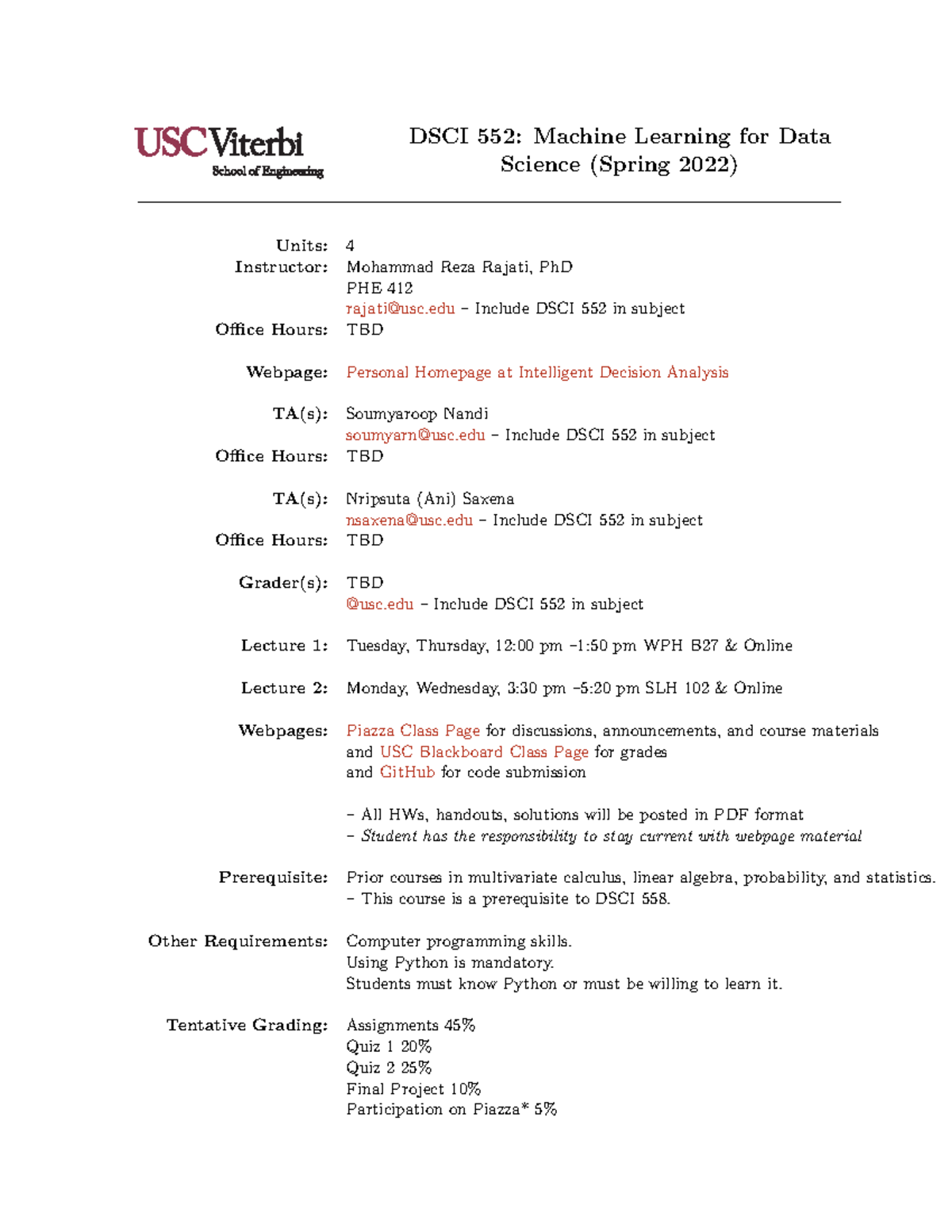 Syllabus - DSCI 552: Machine Learning for Data Science (Spring 2022) Units: 4 Instructor ...