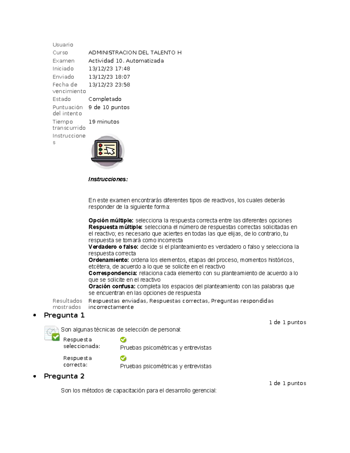 Automatizada - Usuario Curso ADMINISTRACION DEL TALENTO H Examen Actividad 10. Automatizada ...
