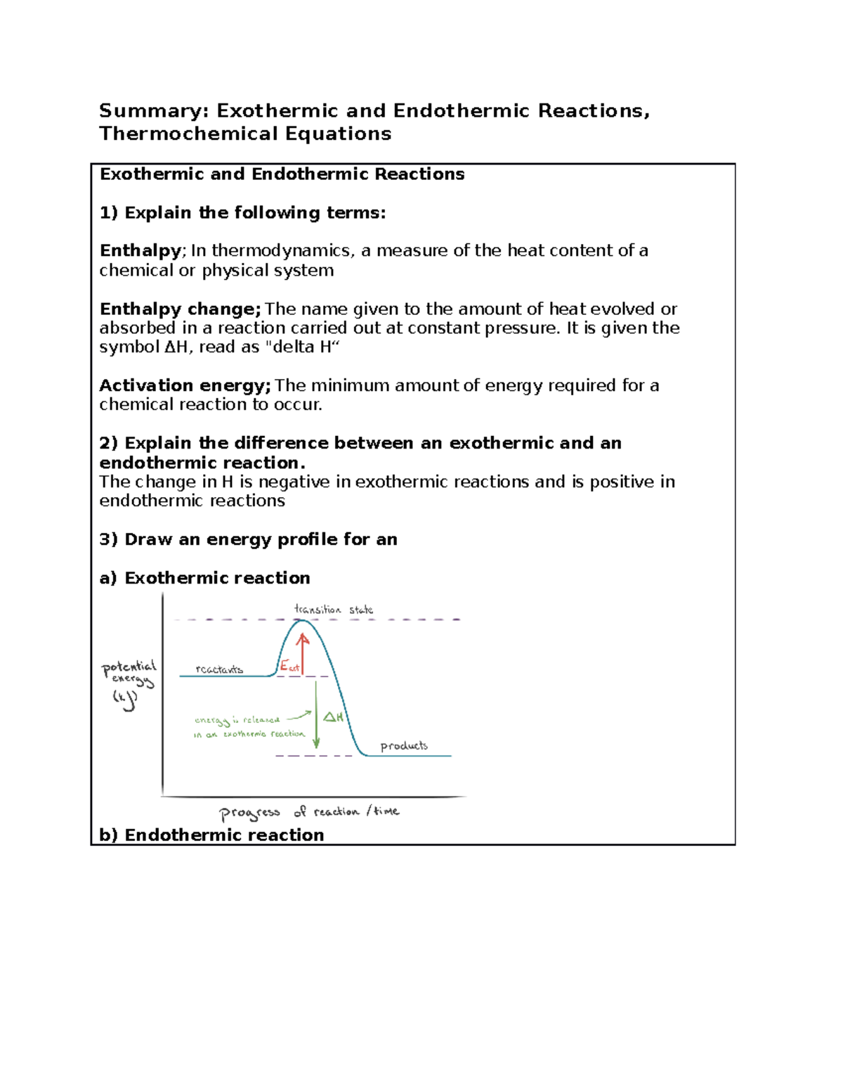 Thermochemical Equations Summary - Summary: Exothermic and Endothermic ...