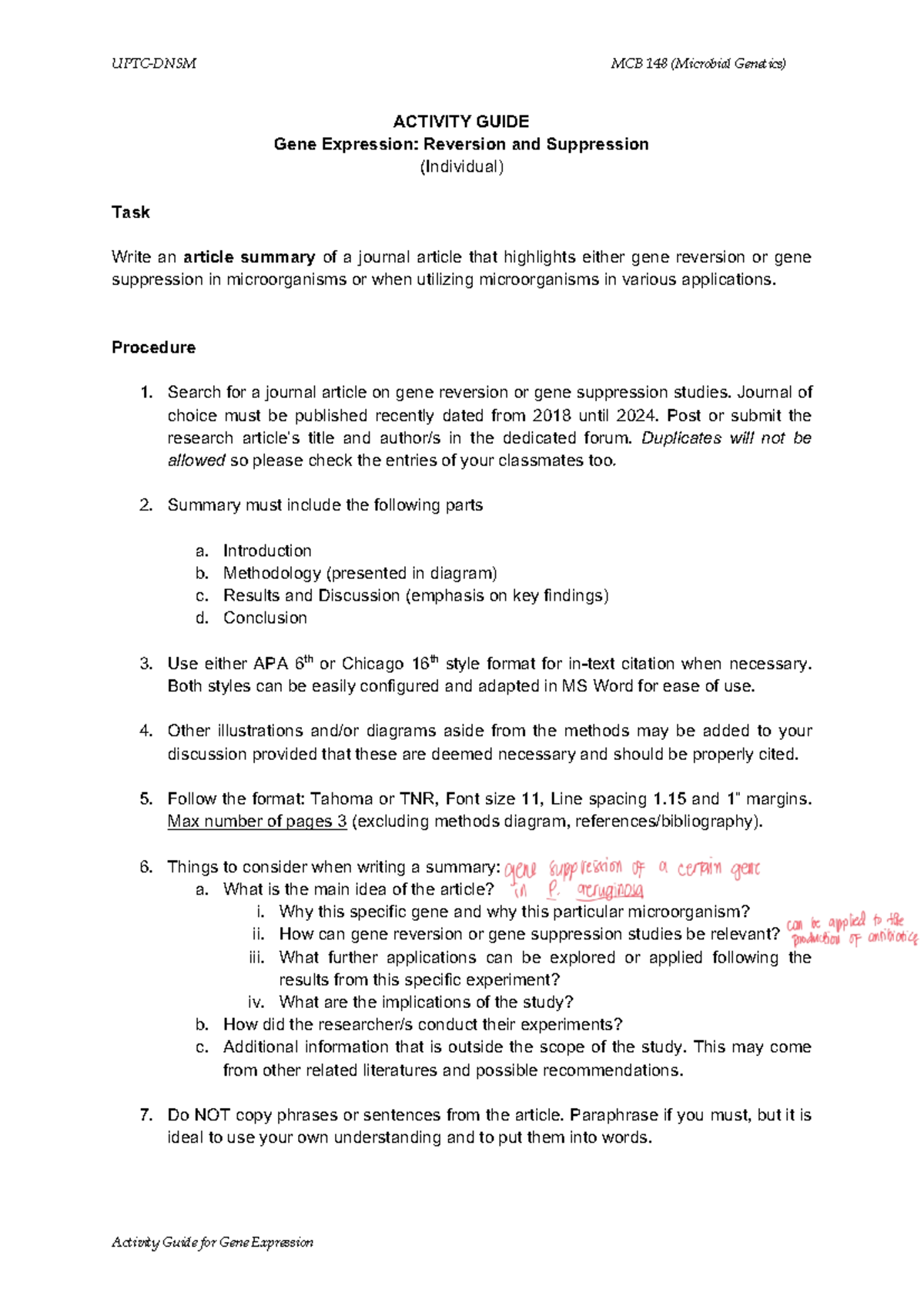 Gene-Expression Activity-Guide - UPTC-DNSM MCB 148 (Microbial Genetics ...