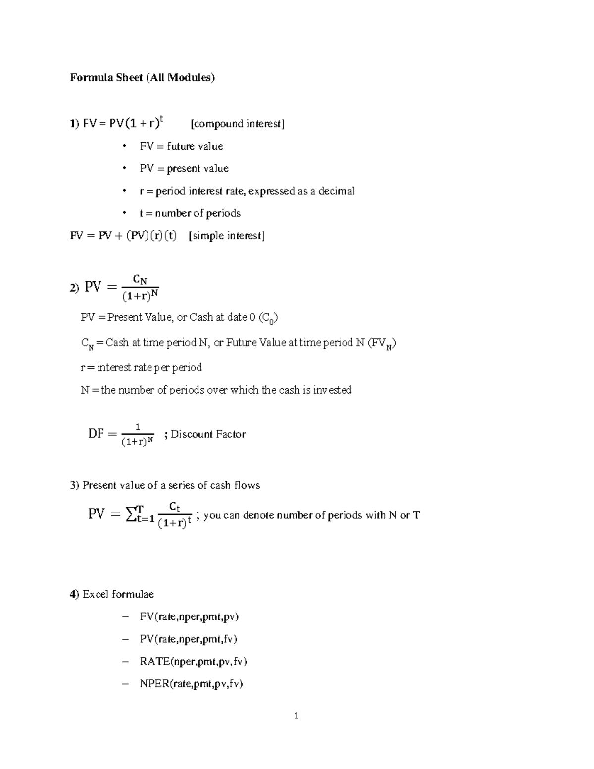 Final Exam Formula Sheet - Formula Sheet (All Modules) 1) FV = PV( 1 ...