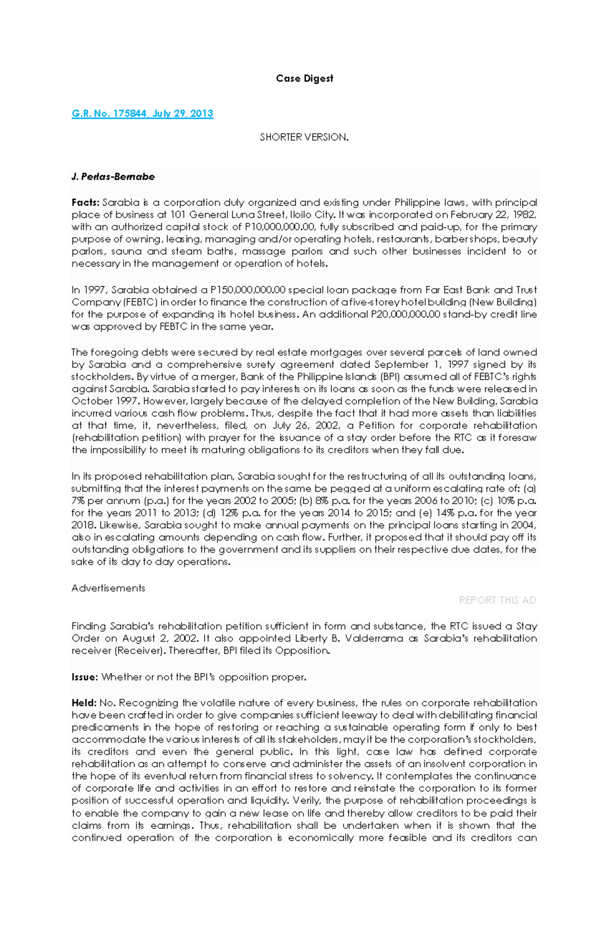 Case-Digest - Law on fria and insolvency cases - Case Digest G. No ...