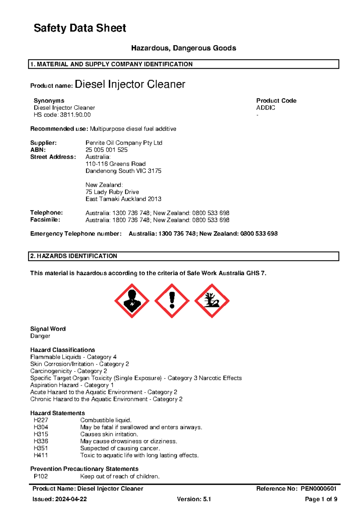 MSDS - 001 Diesel Injector Cleaner - Product Name: Diesel Injector ...