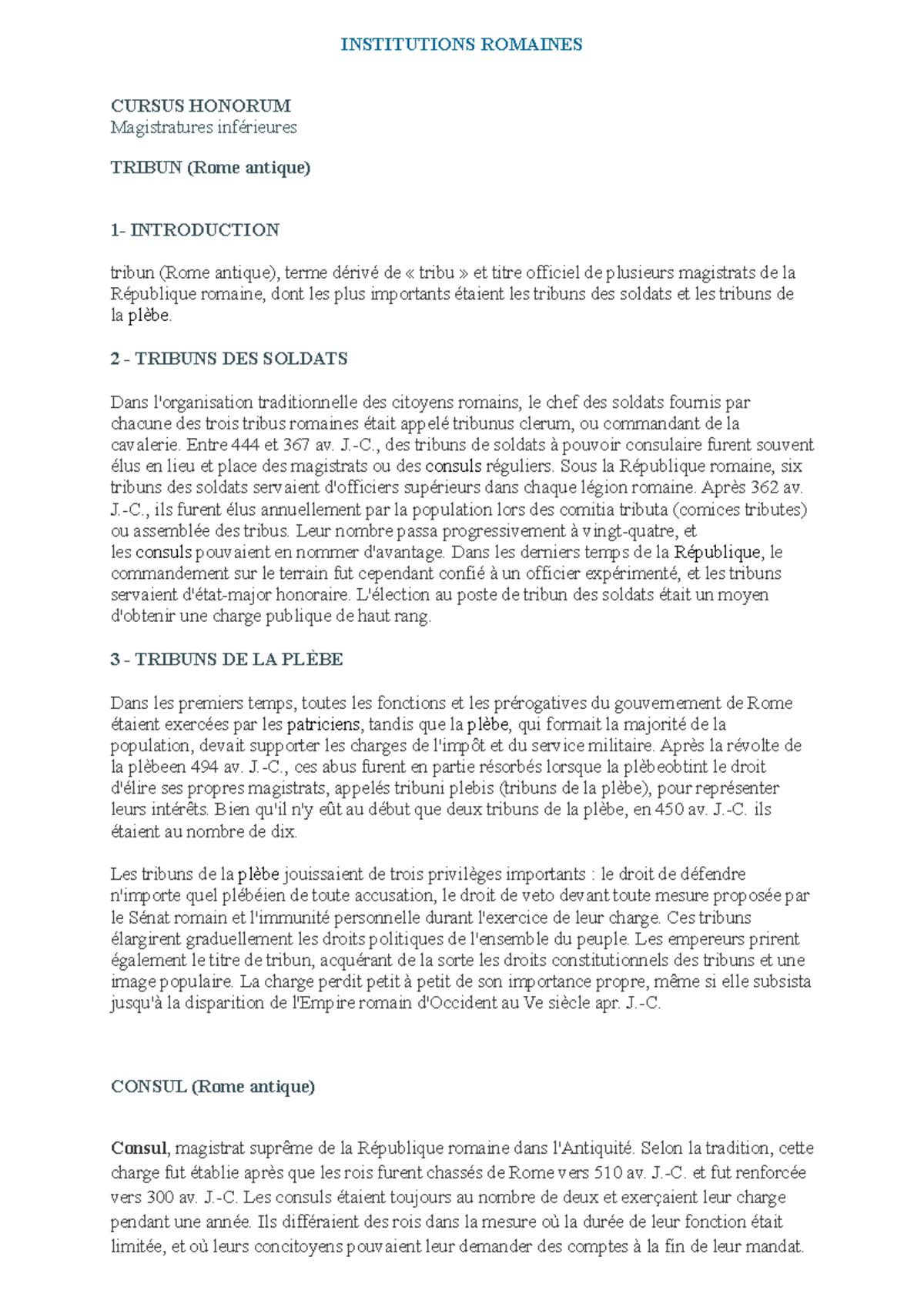 Institutions romaines - INSTITUTIONS ROMAINES CURSUS HONORUM ...