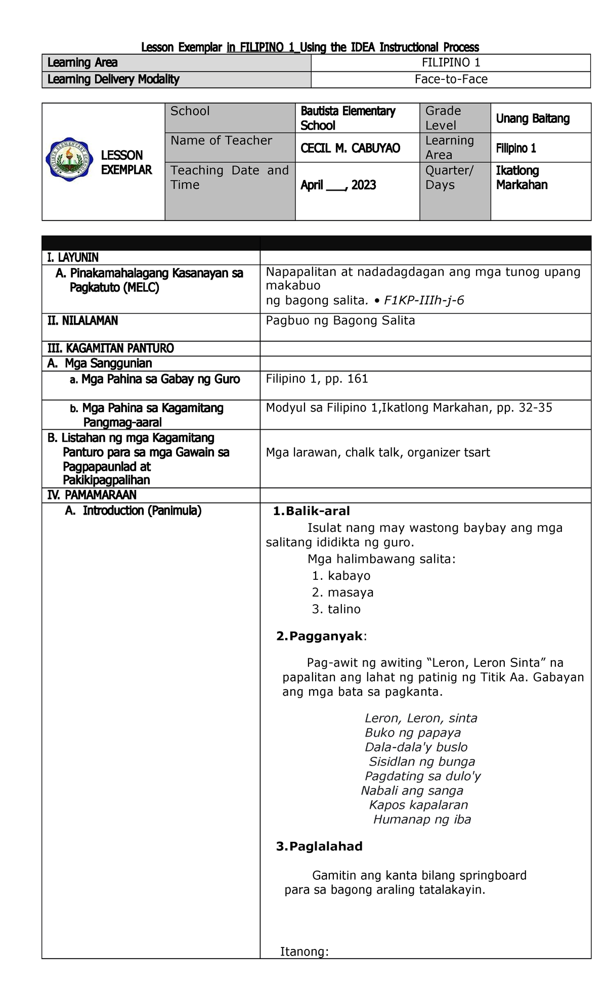 1st COT Fili 1 3rd Q (Autosaved) - Lesson Exemplar in FILIPINO 1_Using ...