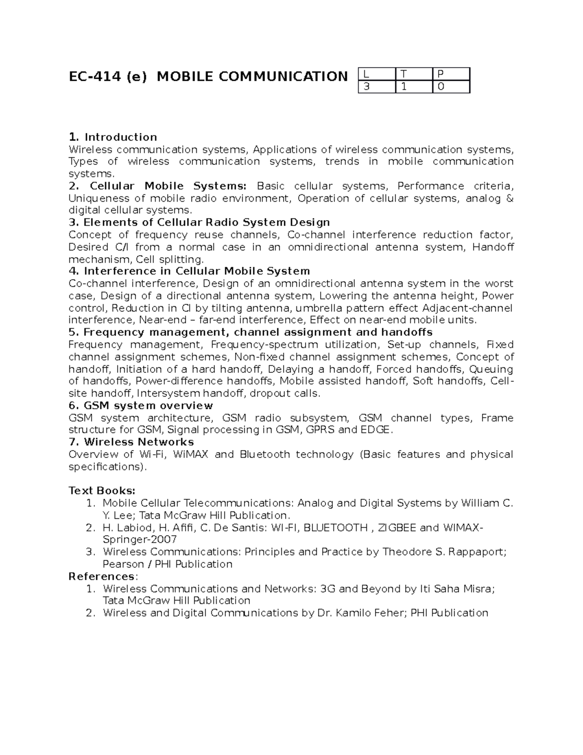 Syllabus Mobile Communication - (e) MOBILE COMMUNICATION L 3 T 1 P 0 1 ...