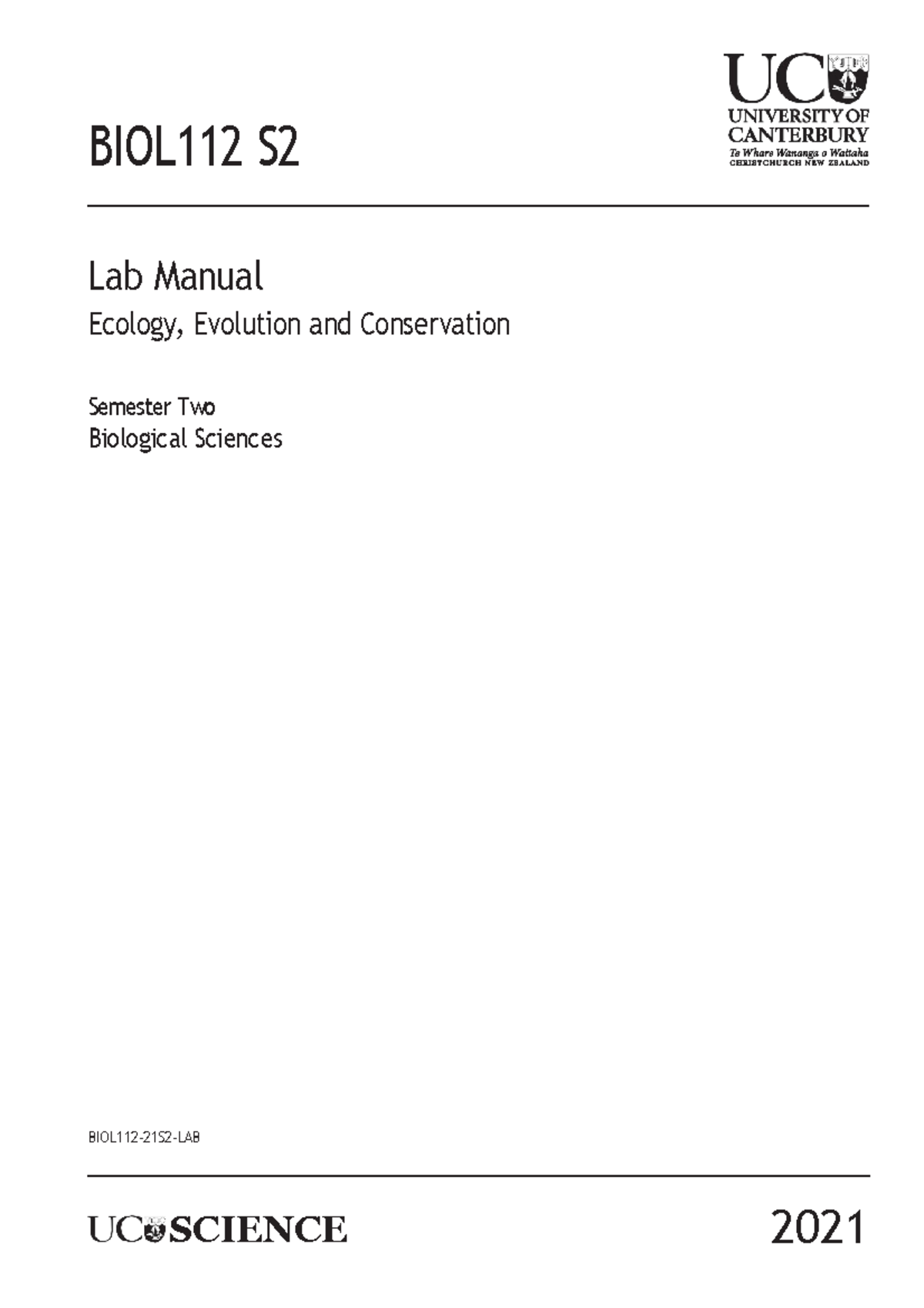 BIOL112 21S2 LAB manual - BIOL112 S Lab Manual Ecology, Evolution and ...