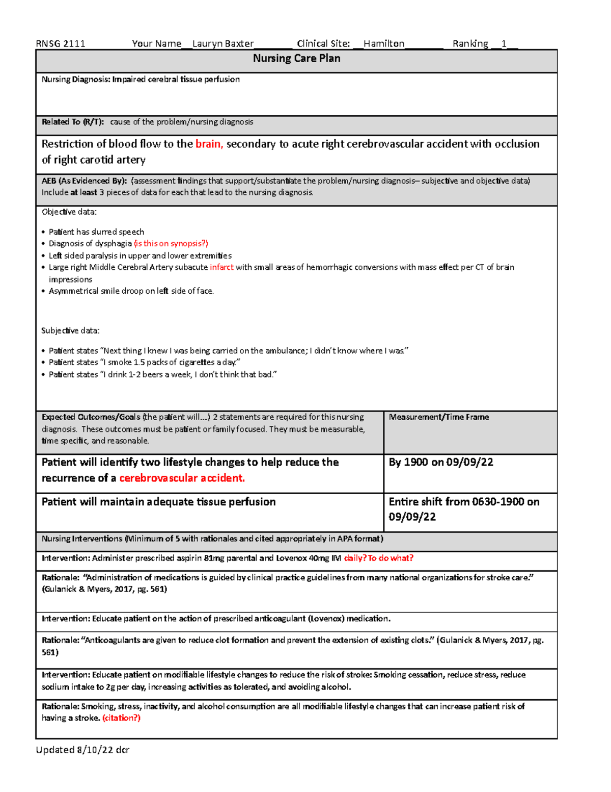 Care Plan Form adpie 1 - care plan - RNSG 2111 Your Name__Lauryn Baxter ...