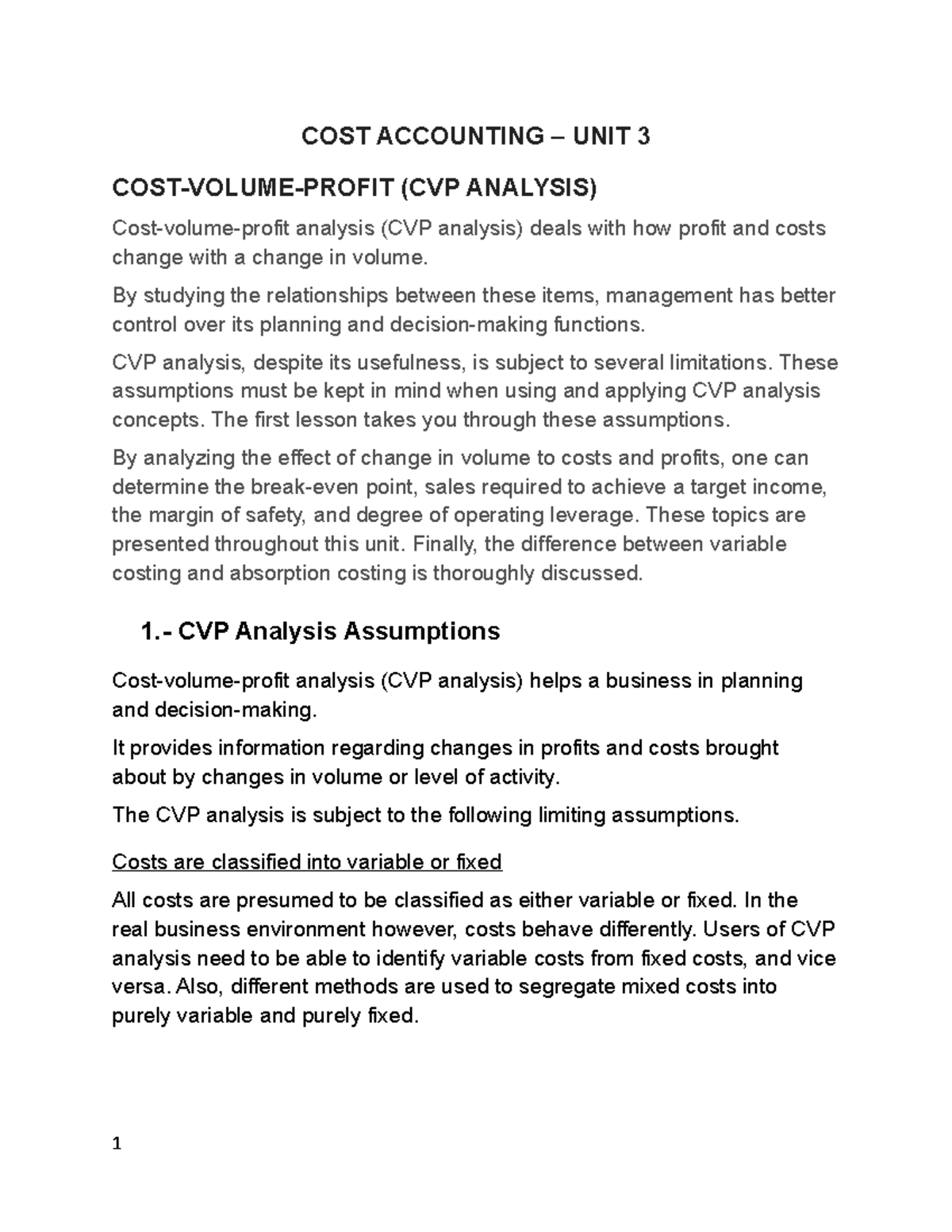 English accounting - COST ACCOUNTING – UNIT 3 COST-VOLUME-PROFIT (CVP ...