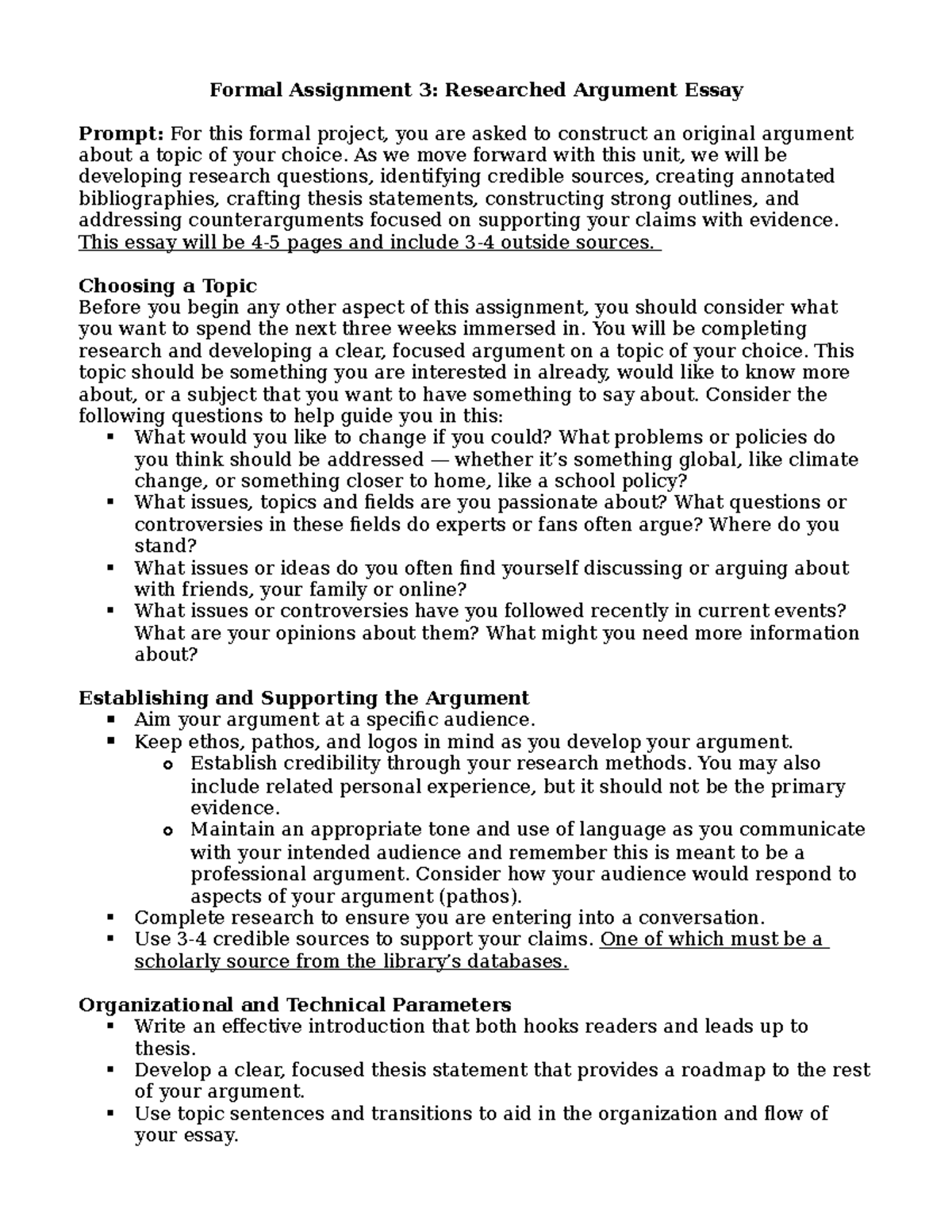 ENGL101 Argument Essay Prompt - Formal Assignment 3: Researched ...