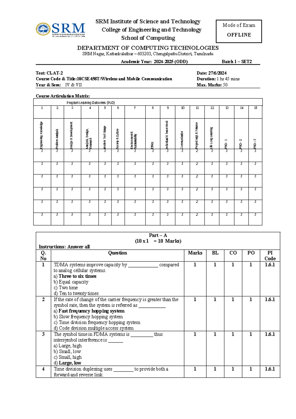 CT2 QP - Set - 2 - asdasd - SRM Institute of Science and Technology College of Engineering and ...