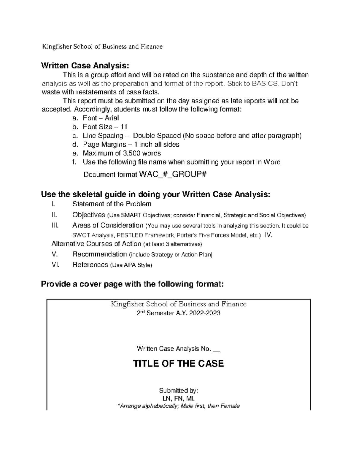 Written Case Analysis Format - Kingfisher School of Business and ...
