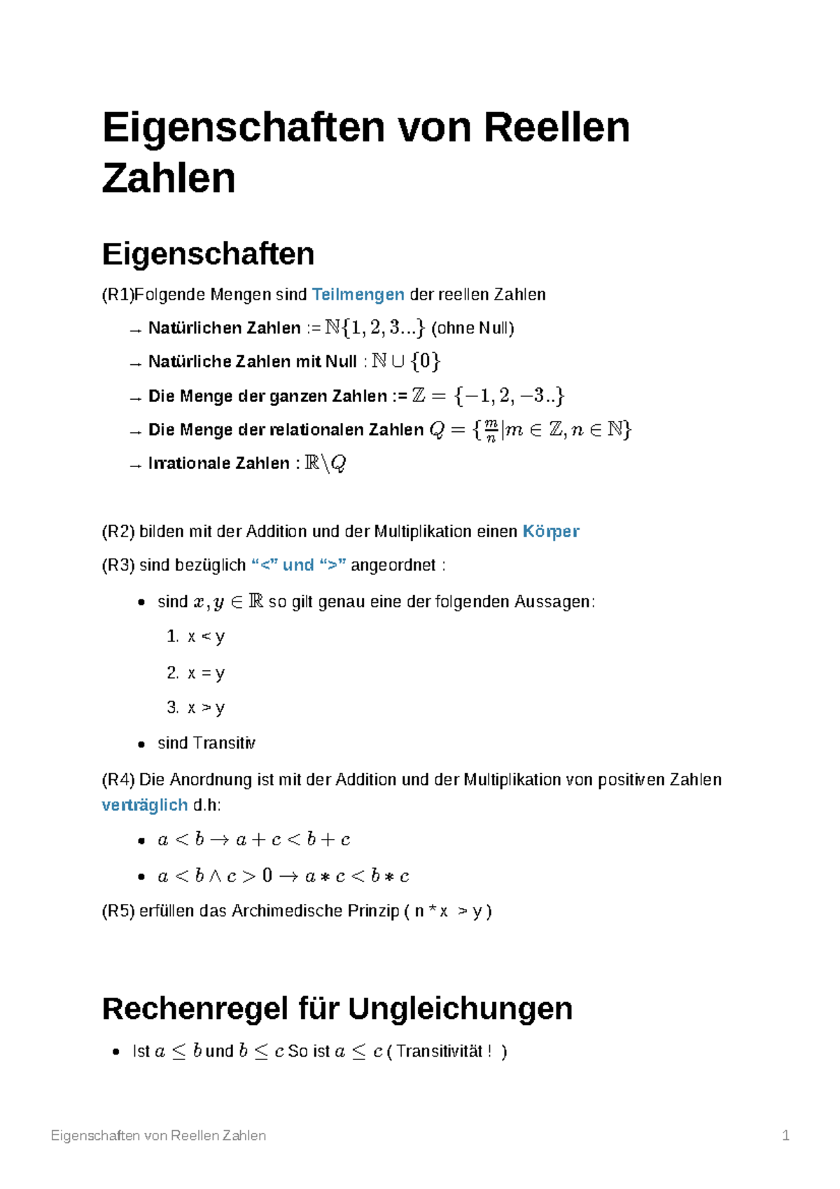 Eigenschaften von Reellen Zahlen - x y sind Transitiv (R4) Die ...